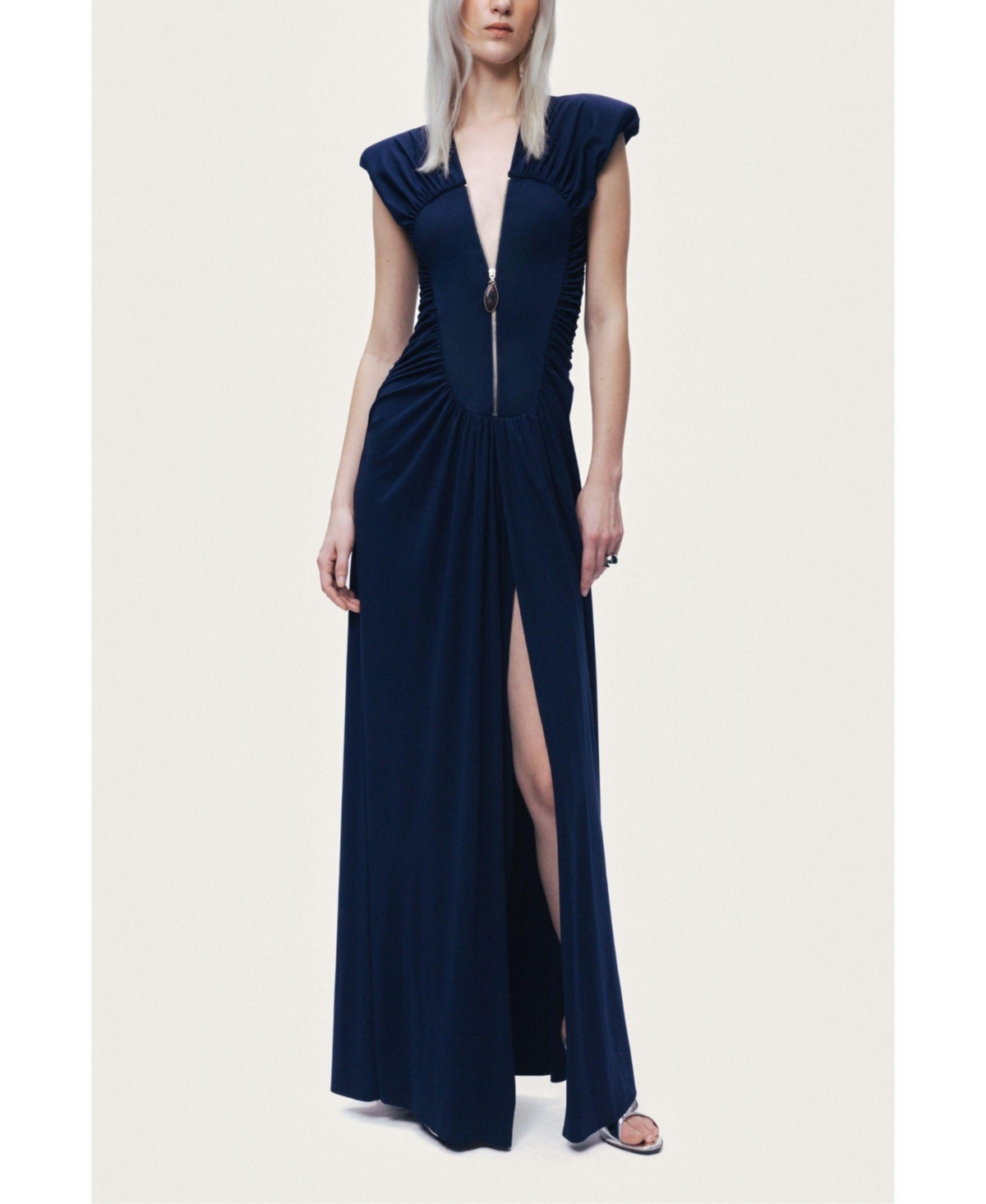 Click here for Nocturne Womens Zip-Front Draped Maxi Dress - Navy prices