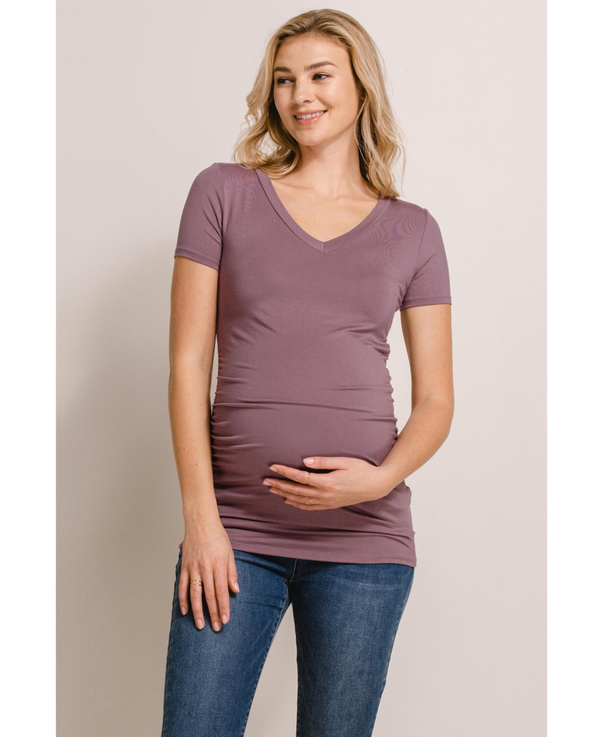 Click here for Hello Miz Maternity Fitted V-Neck Side Ruched Top... prices