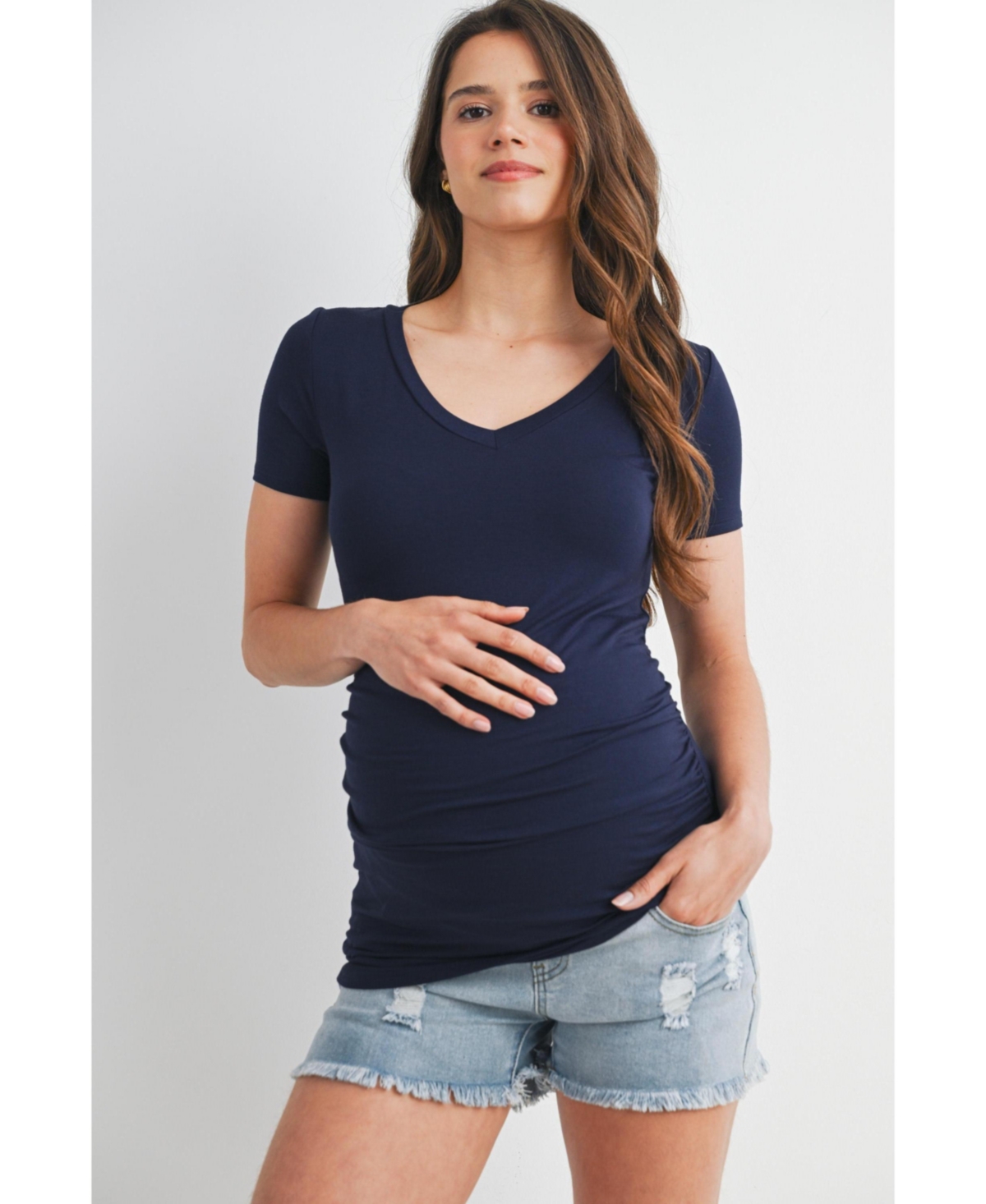 Click here for Hello Miz Maternity Fitted V-Neck Side Ruched Top... prices