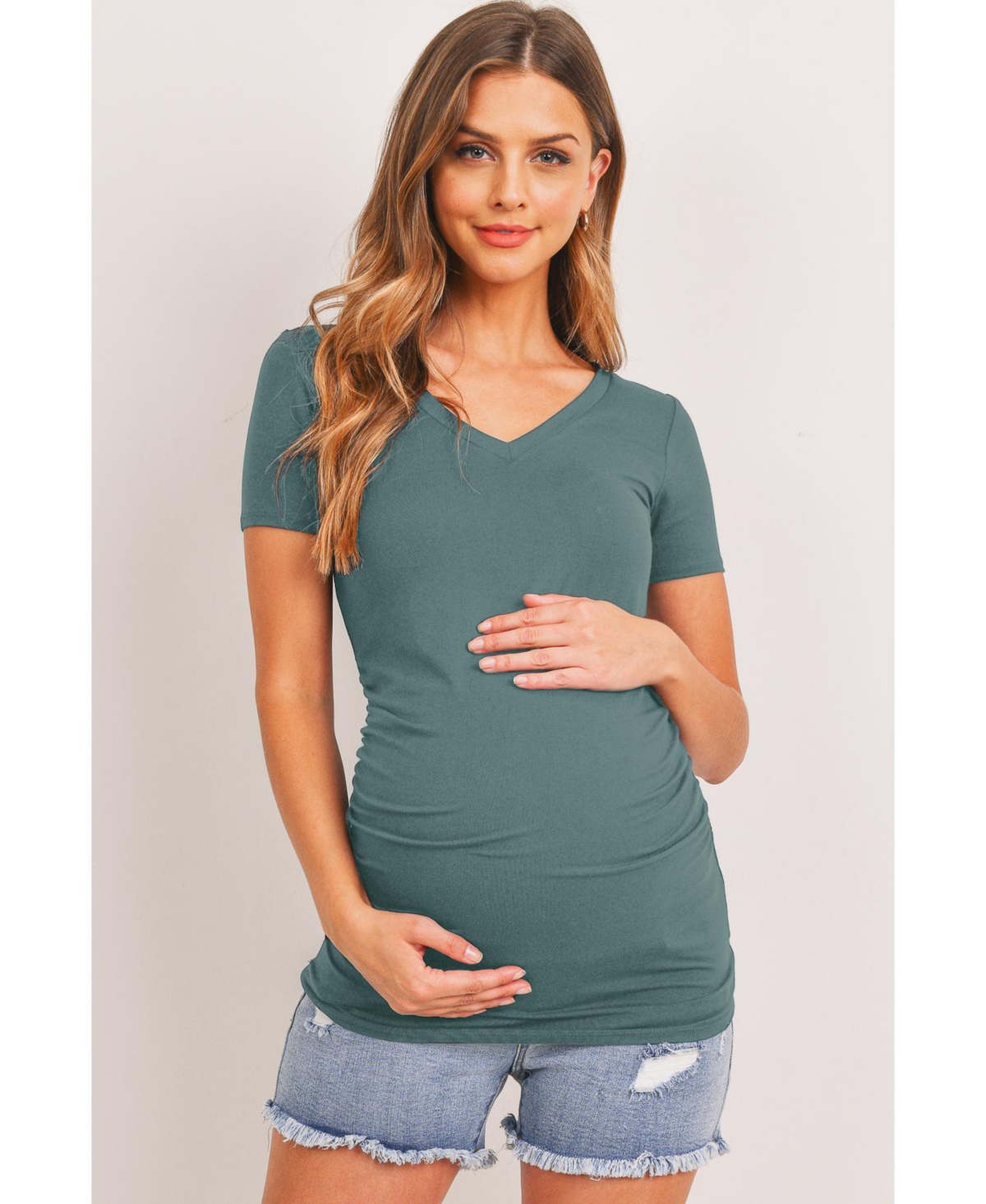 Click here for Hello Miz Maternity Fitted V-Neck Side Ruched Top... prices