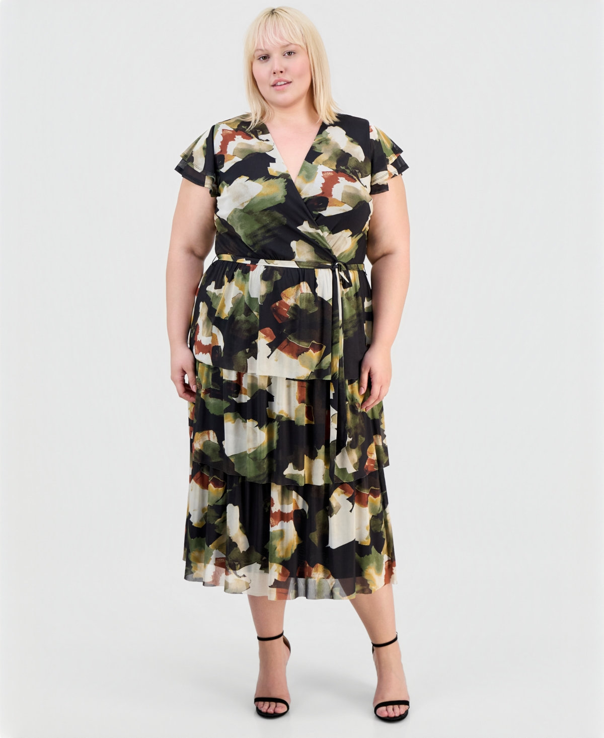 Click here for Anne Klein Plus Size Printed Tiered V-Neck Midi Dr... prices