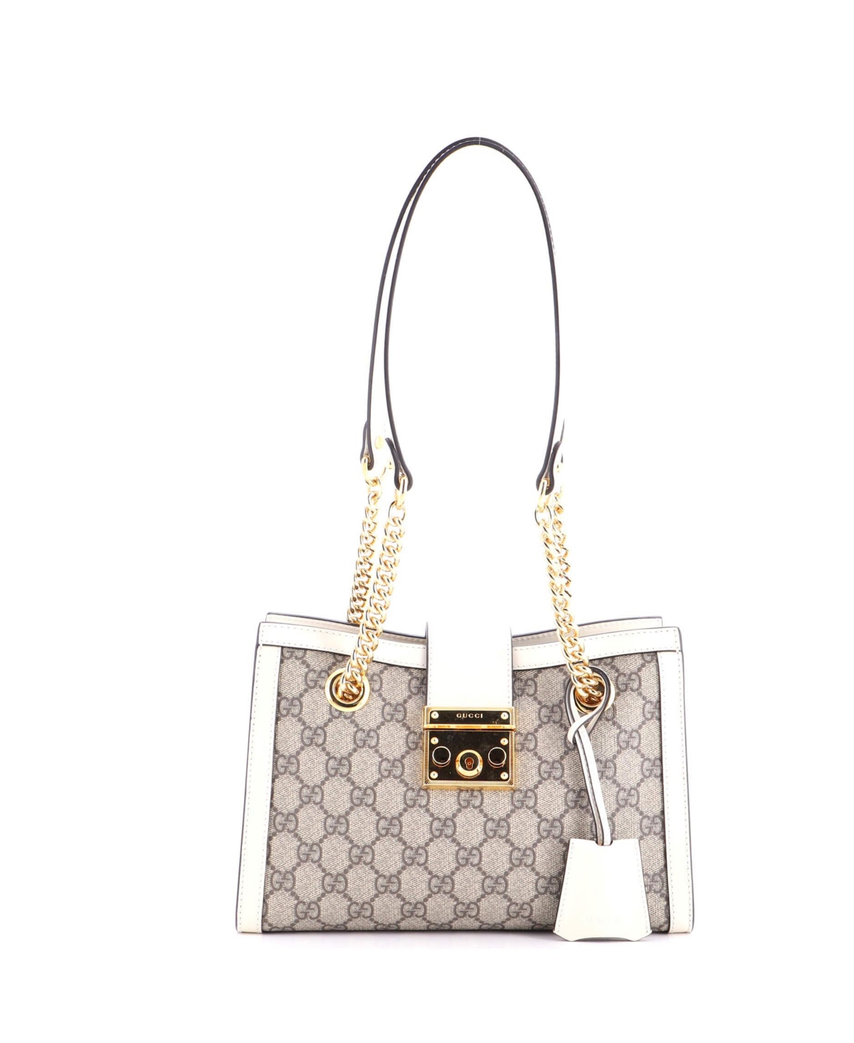Click here for Pre-Owned Gucci Small Padlock Chain Tote Gg Coated... prices