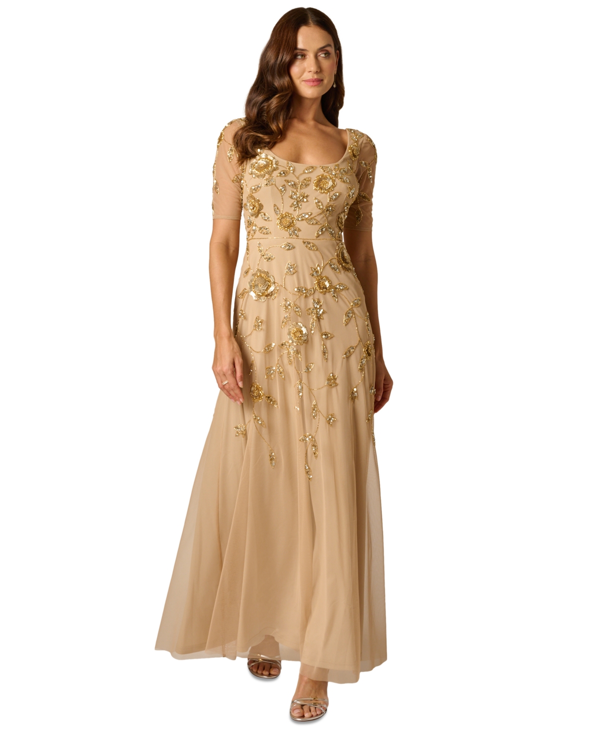 Click here for Adrianna Papell Womens Scoop Neck Mesh Long Dress... prices