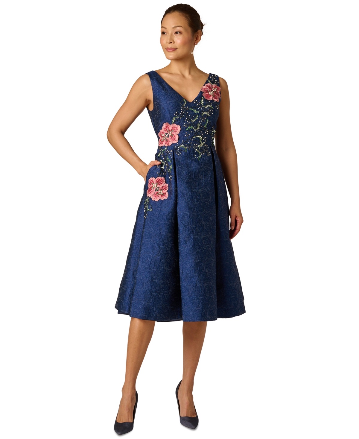 Click here for Adrianna Papell V-Neck Embroidered Dress - Midnigh... prices