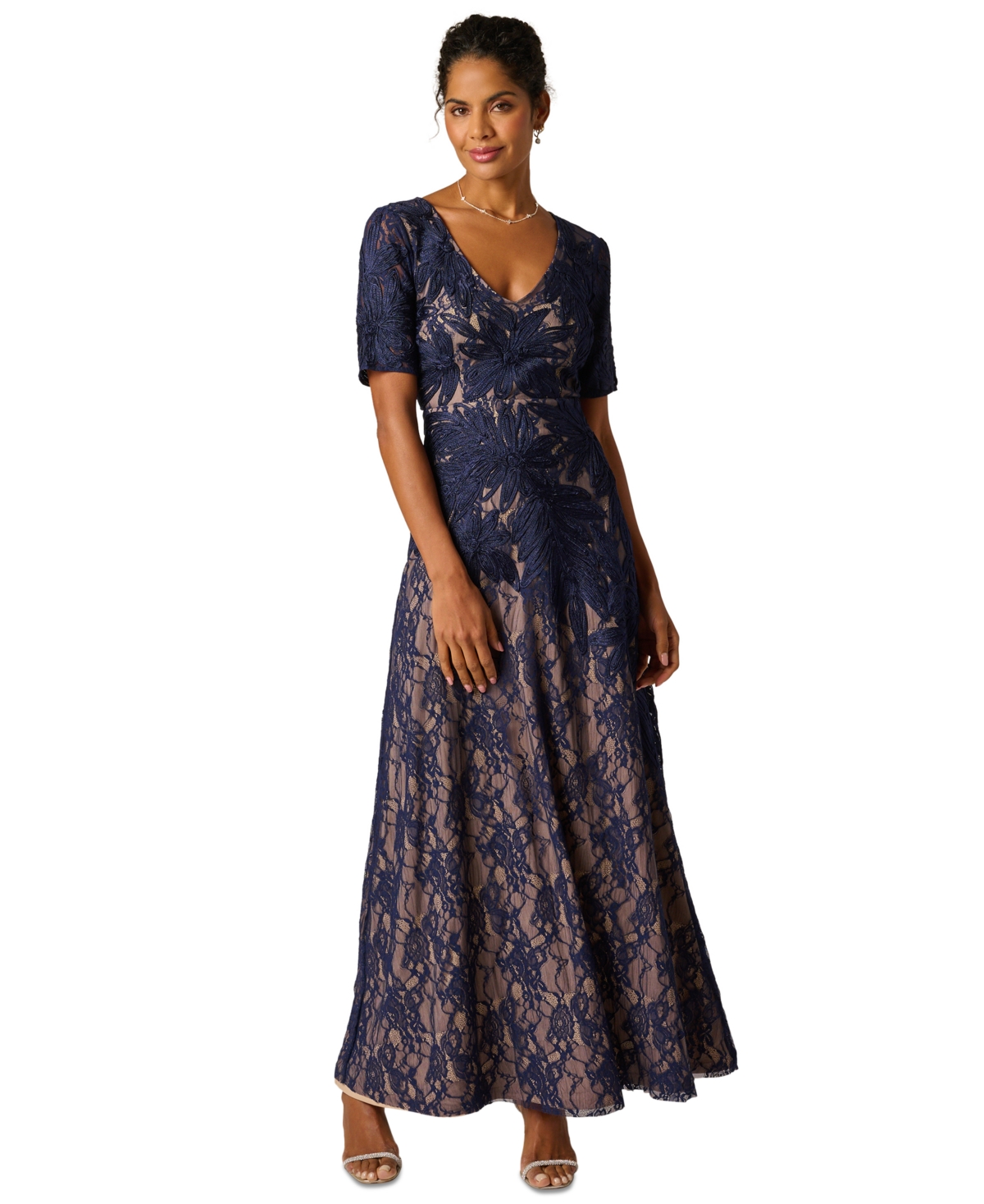 Click here for Adrianna Papell Womens V-Neck Lace Dress - Navy/Nu... prices