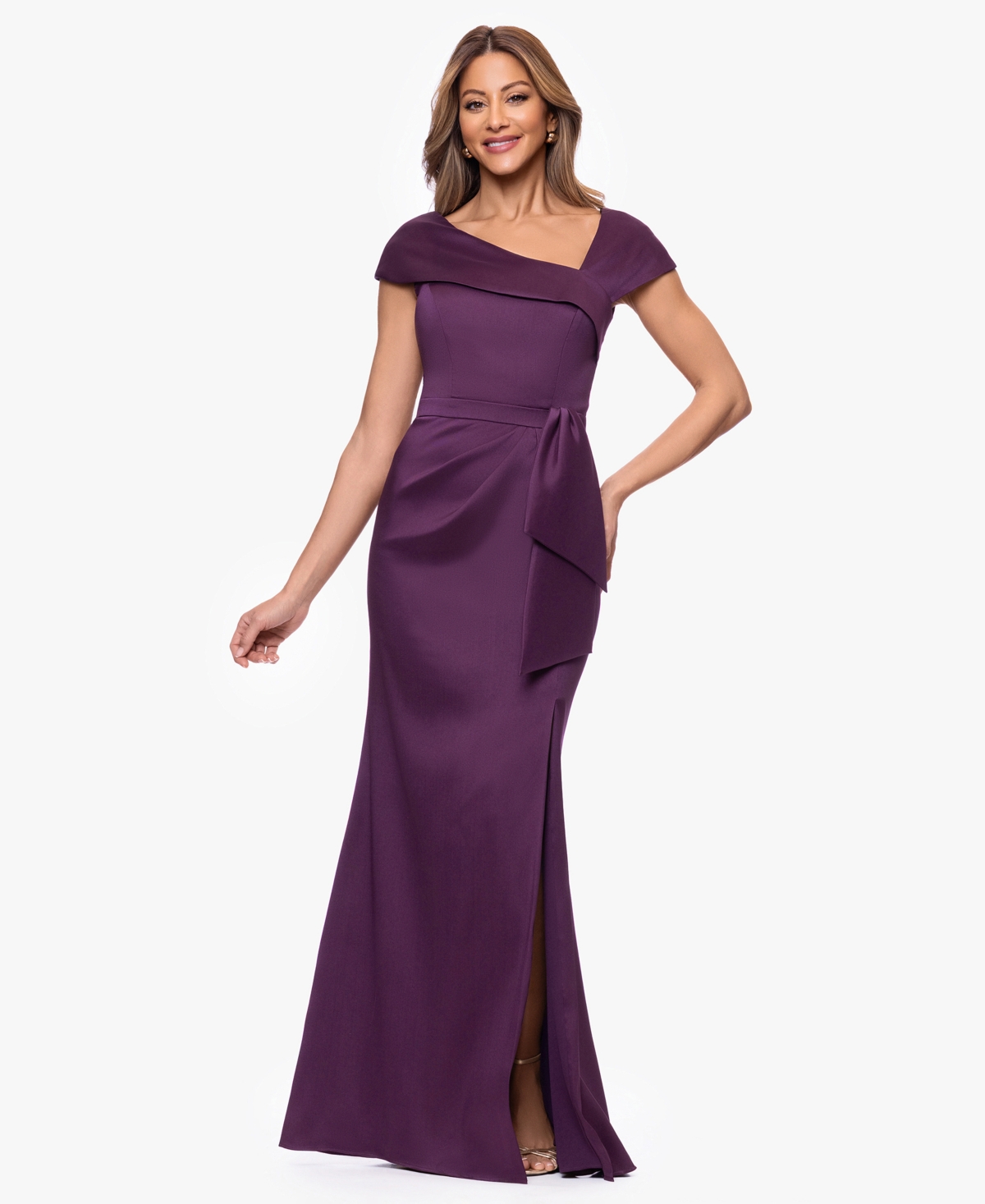 Click here for Xscape Petite Short-Sleeve Asymmetrical neck Gown... prices
