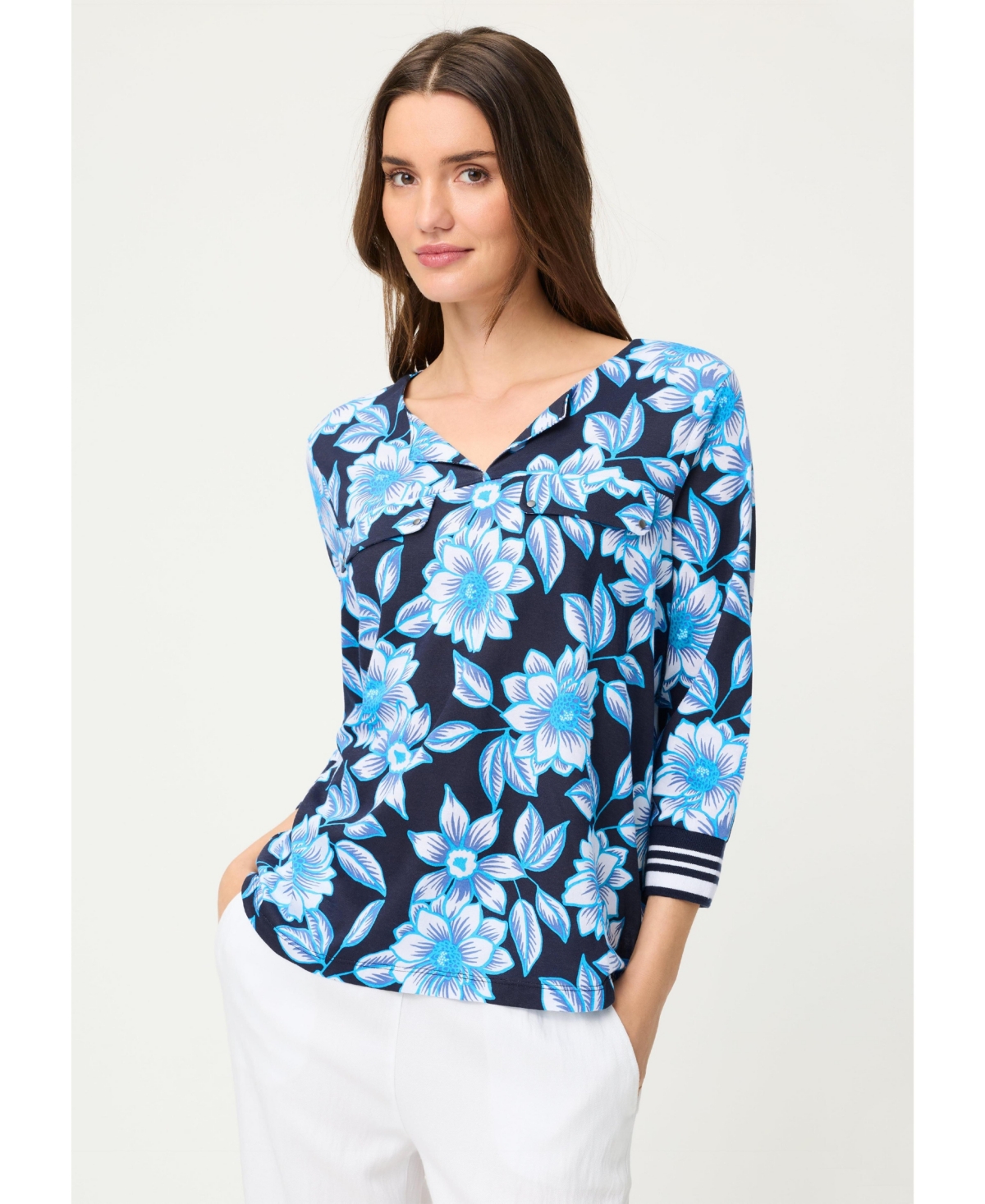 Click here for Olsen Womens Split Neck Floral T-Shirt - Ink blue prices