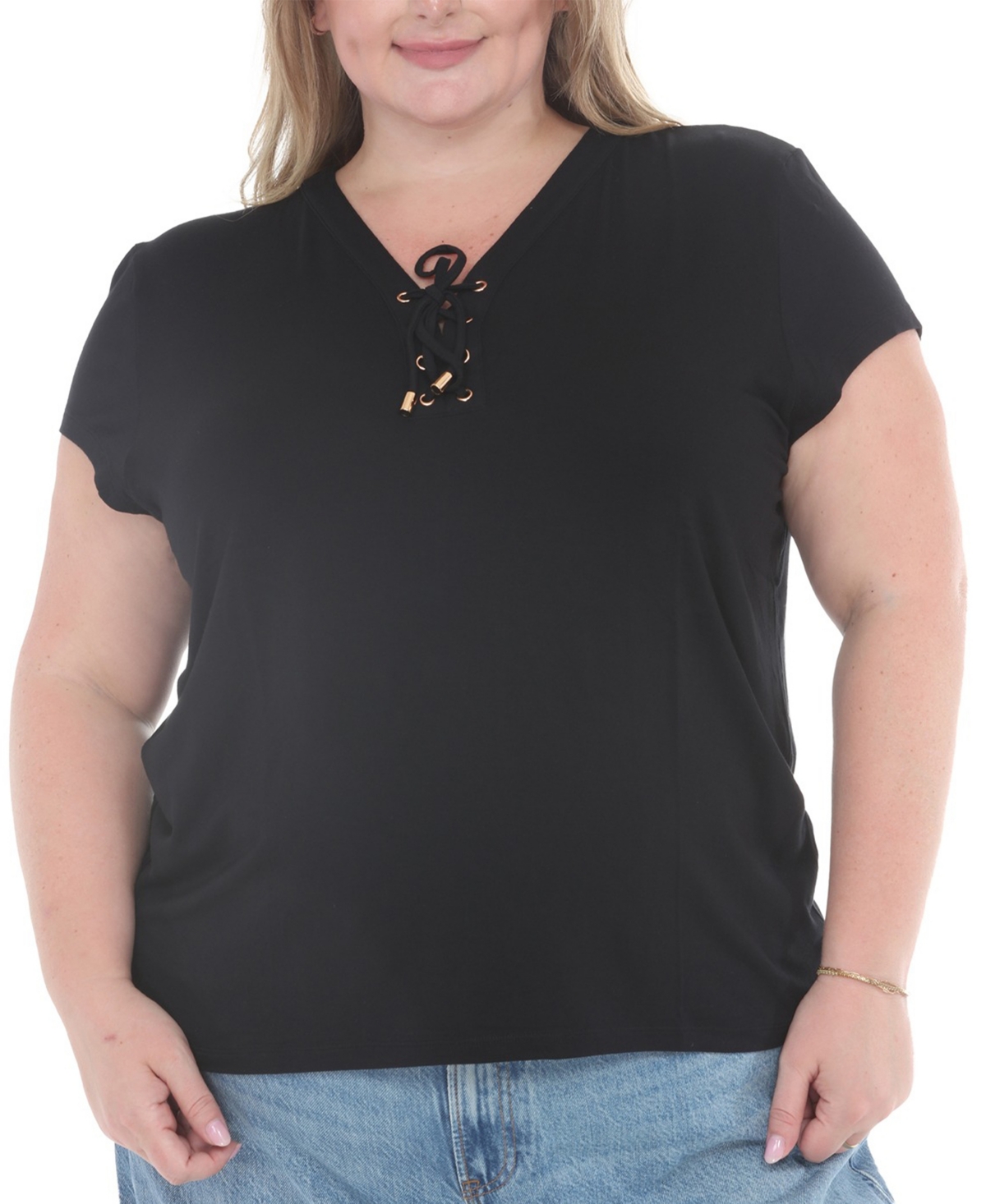 Click here for White Mark Plus Size V-Neck Front Tie Top - Black prices