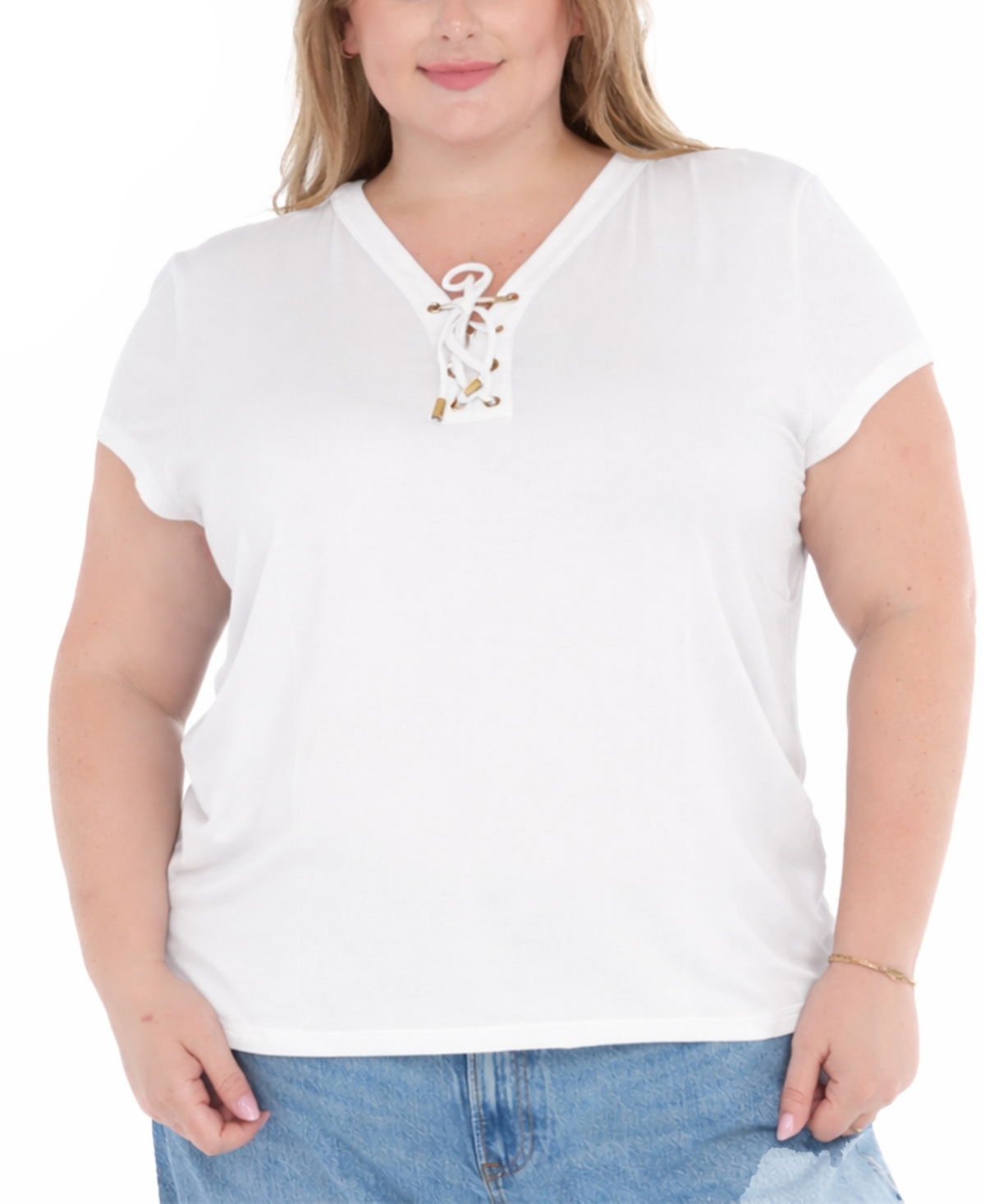 Click here for White Mark Plus Size V-Neck Front Tie Top - White prices