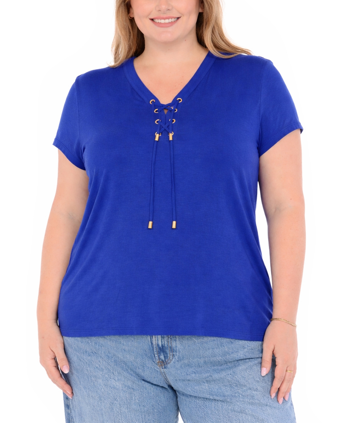 Click here for White Mark Plus Size V-Neck Front Tie Top - Blue prices