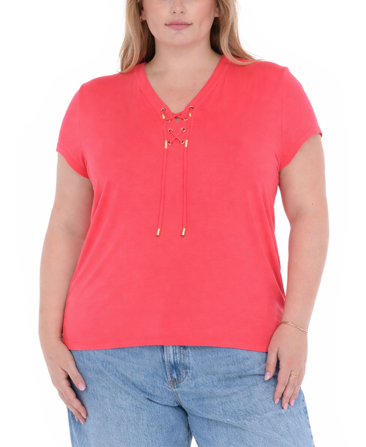 Click here for White Mark Plus Size V-Neck Front Tie Top - Coral prices
