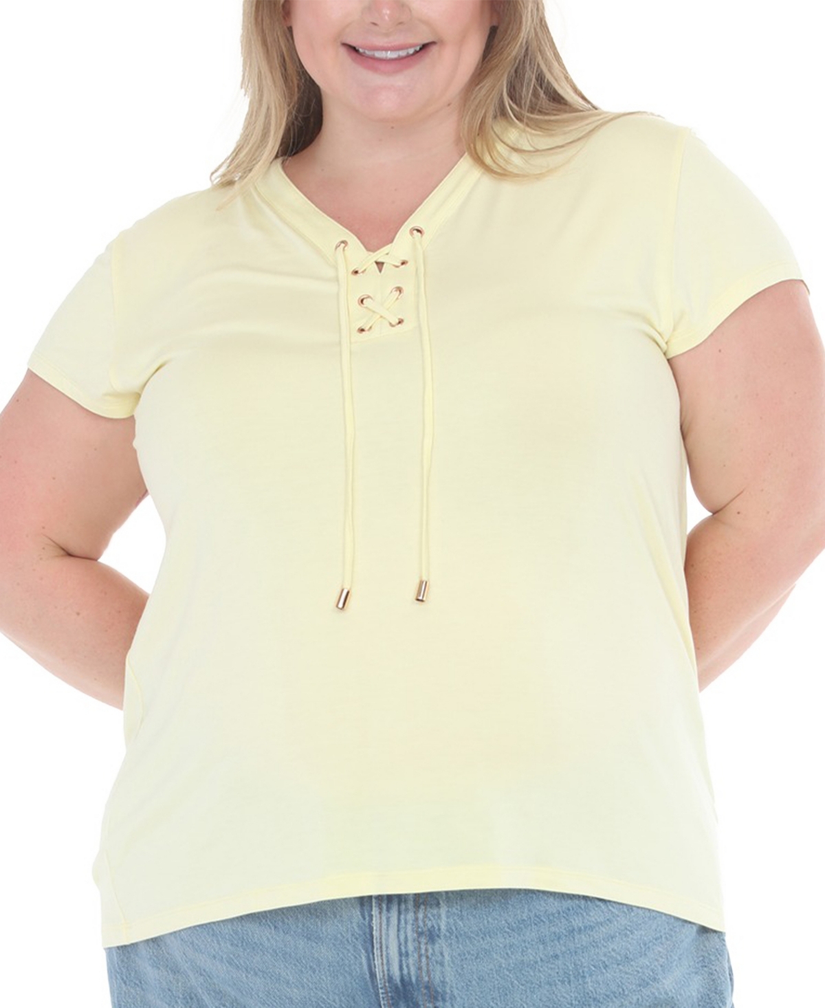 Click here for White Mark Plus Size V-Neck Front Tie Top - Yellow prices