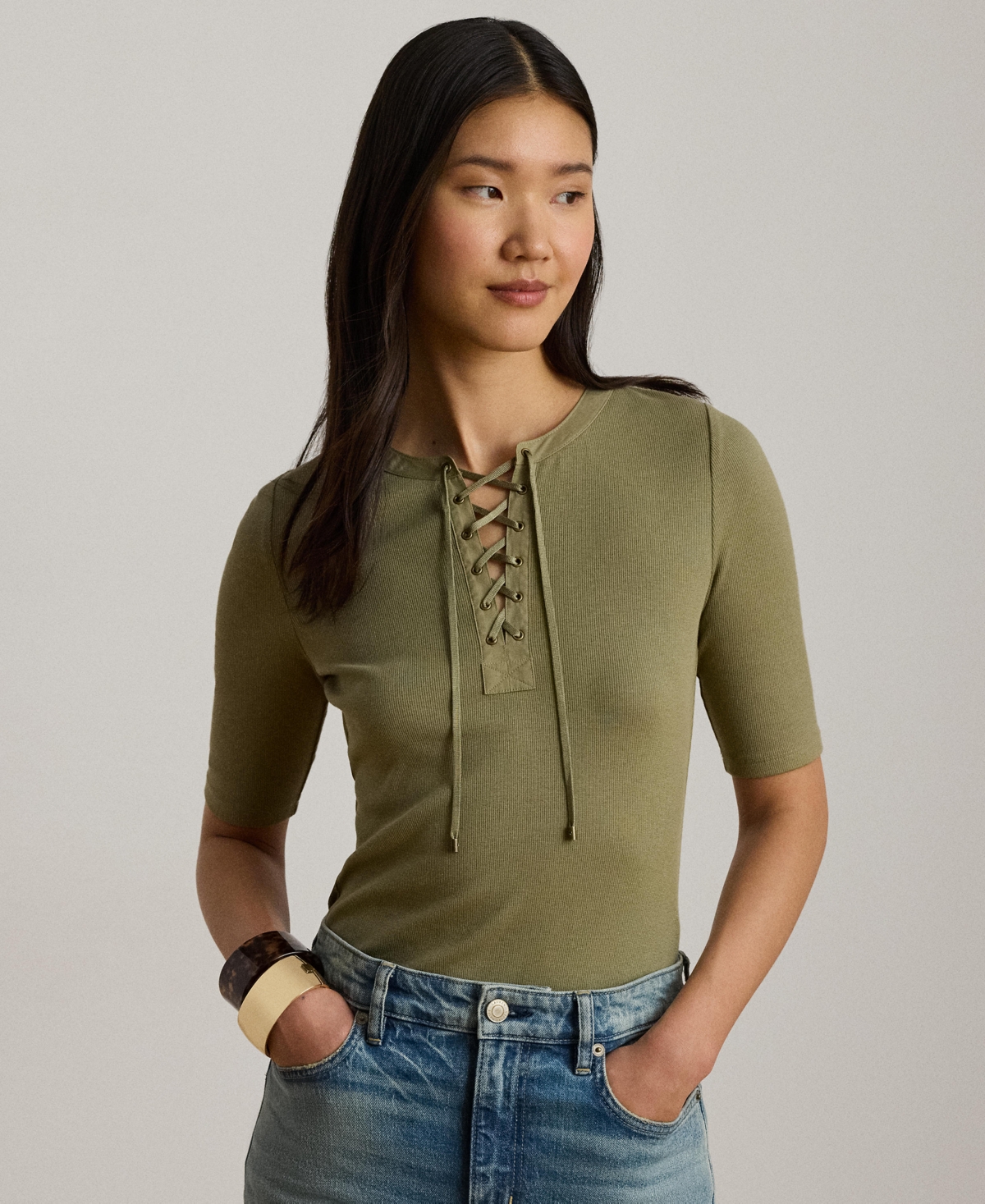 Click here for Lauren Ralph Lauren Womens Crewneck Lace-Up Ribbed... prices