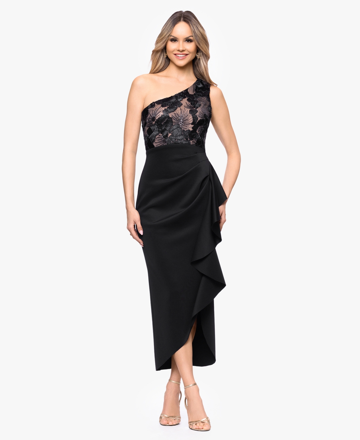 Click here for Betsy & Adam Petite One-Shoulder Midi Dress - Blac... prices
