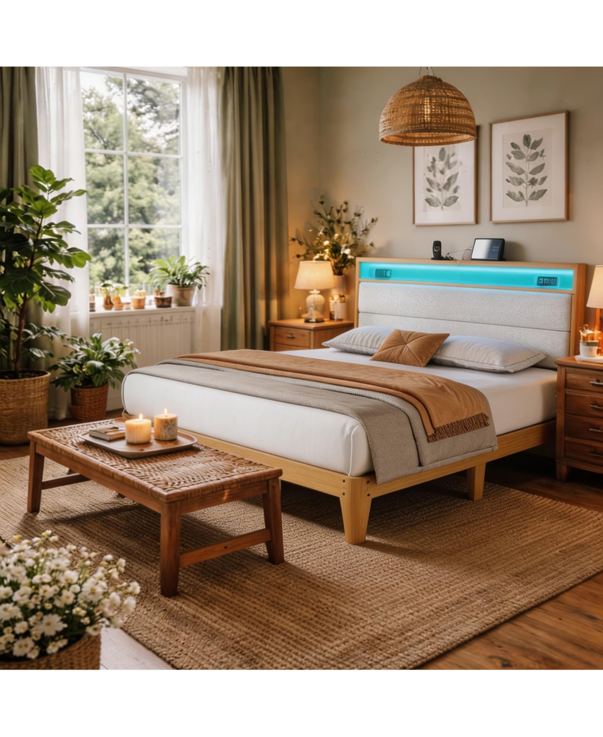 Click here for Homfan Bed Frame with Led Headboard Shelf  Linen U... prices