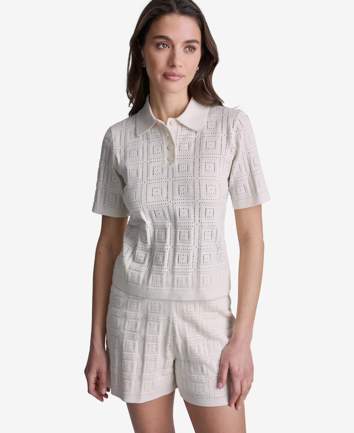 Click here for Bcbg Womens Open-Stitch Polo Short-Sleeve Top - Wh... prices