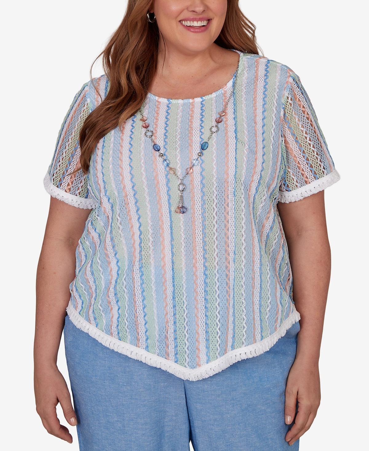 Alfred Dunner Plus Size Caribbean Blues Textured Stripe T-Shirt with Necklace - Blue Multi