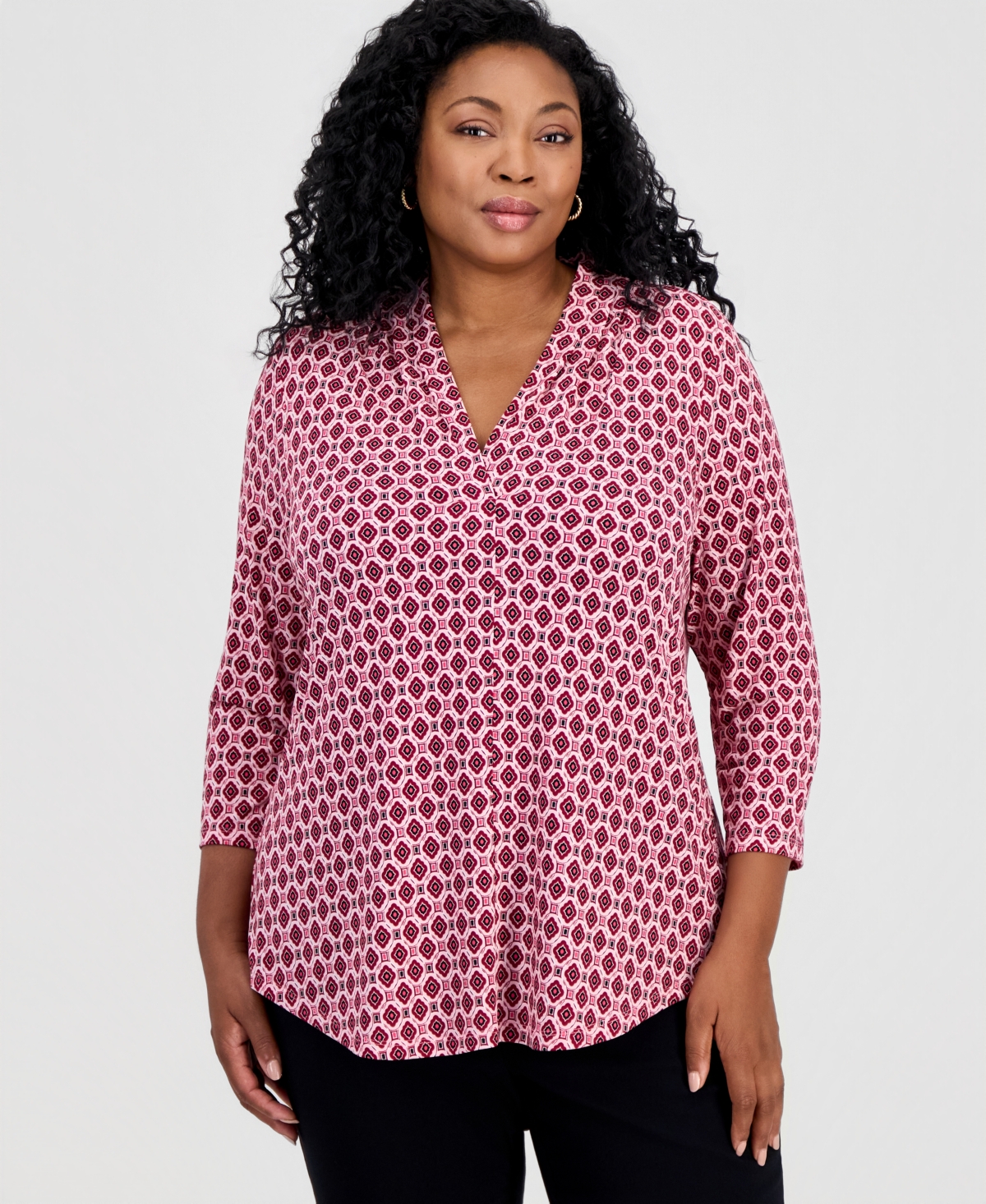 Click here for Jm Collection Plus Size Bazaar V-Neck 3/4-Sleeve T... prices