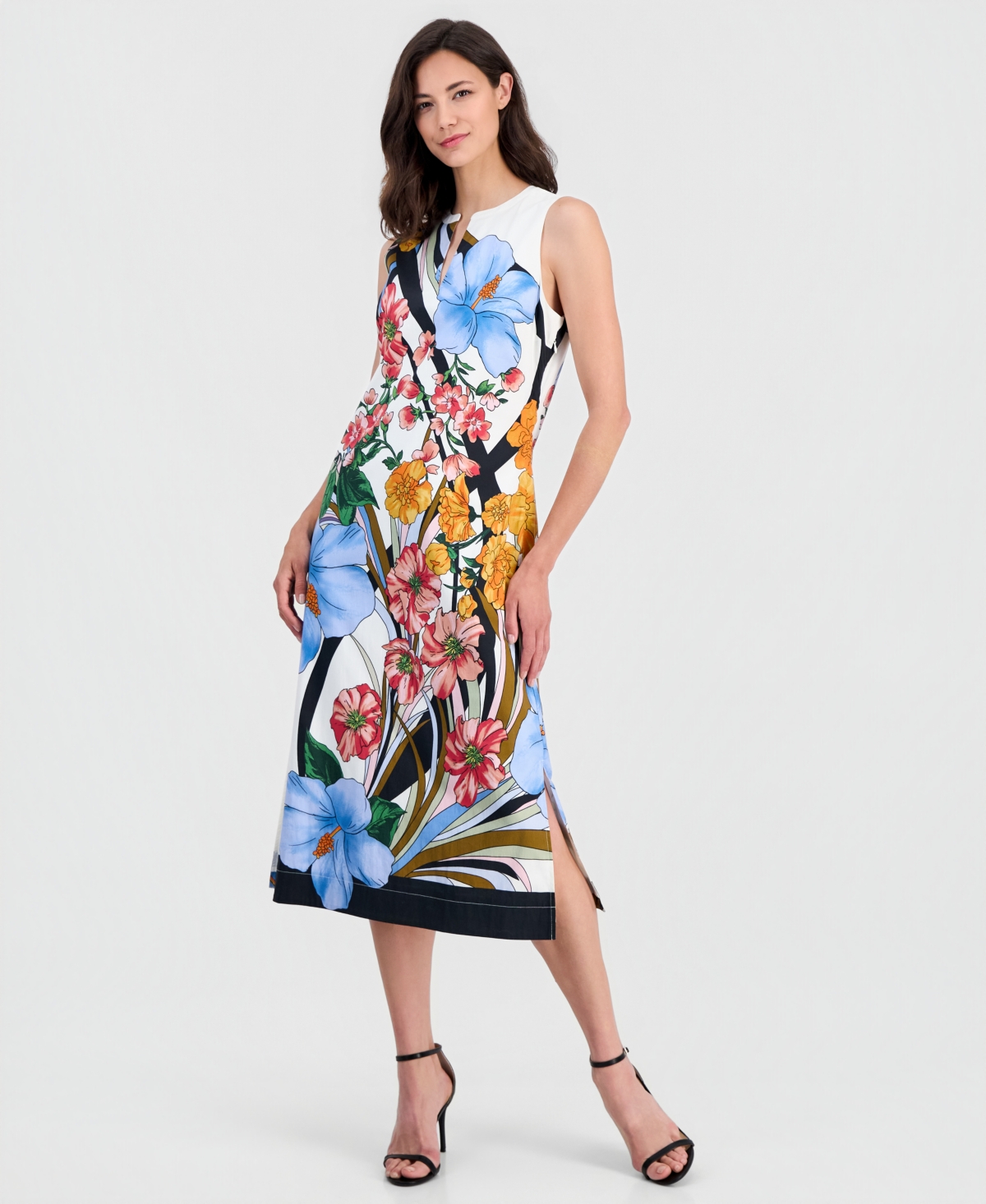 Click here for T Tahari Womens Printed Split-Neck Sleeveless Dres... prices