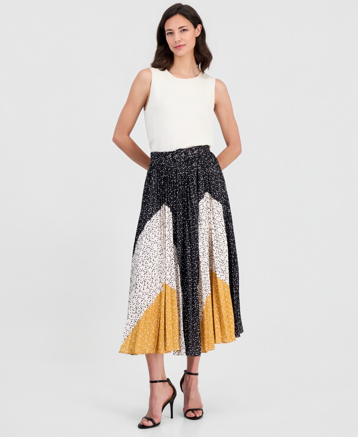 Click here for T Tahari Womens Belted Pleat Skirt - Dotted Wave prices
