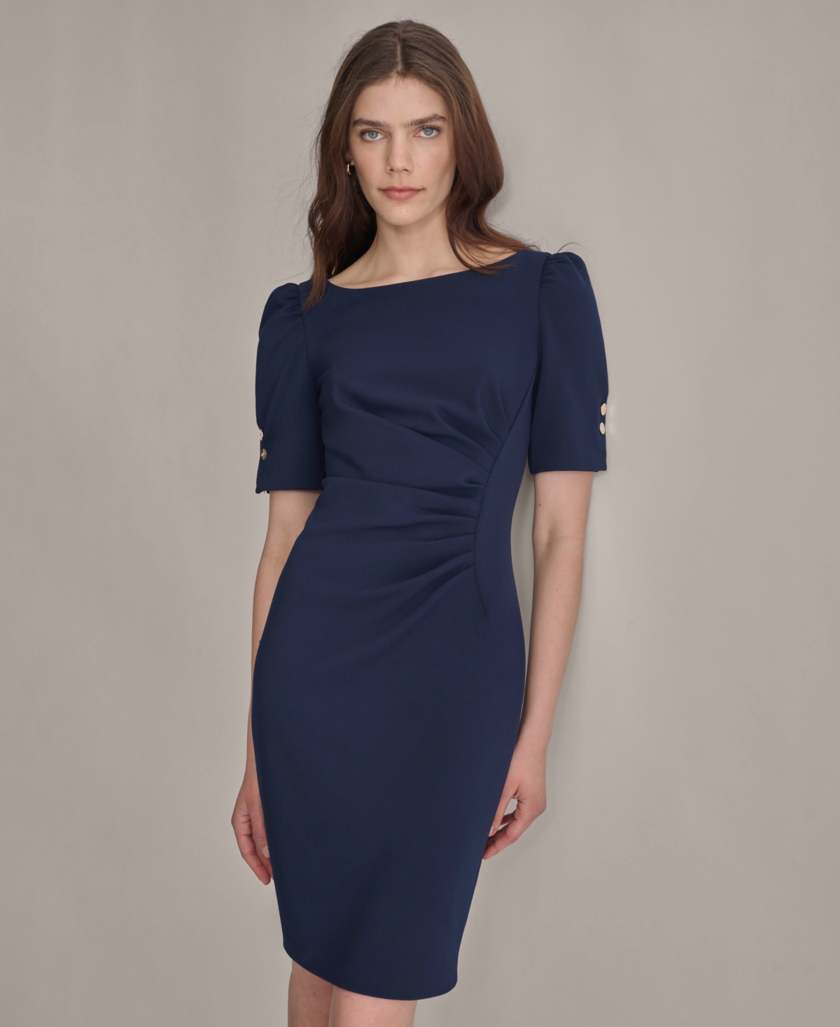 Click here for Dkny Petite Ruched Jewel Neck Sheath Dress - Blue prices