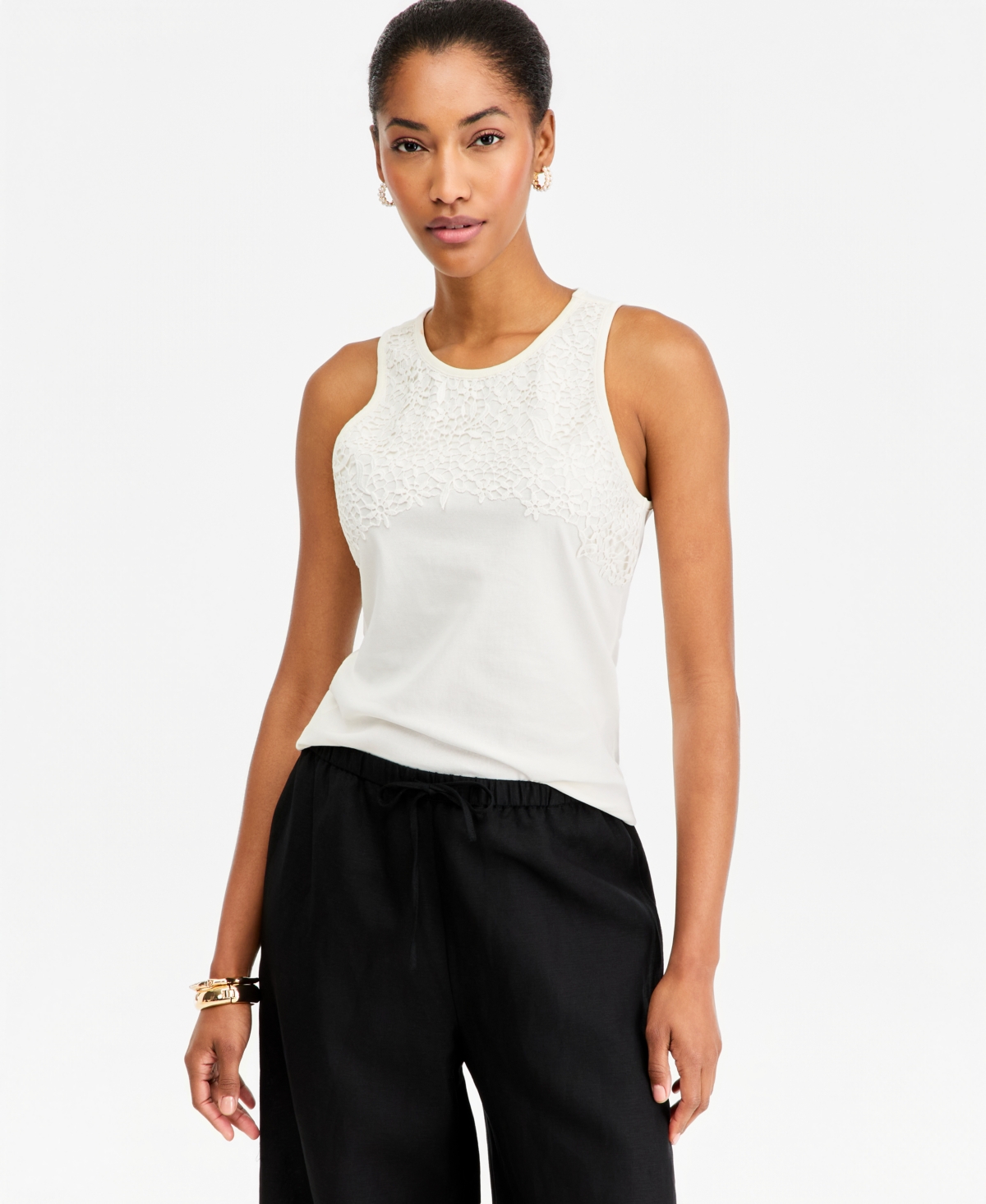 Click here for On 34th Womens High-Neck Sleeveless Lace-Trim Tank... prices