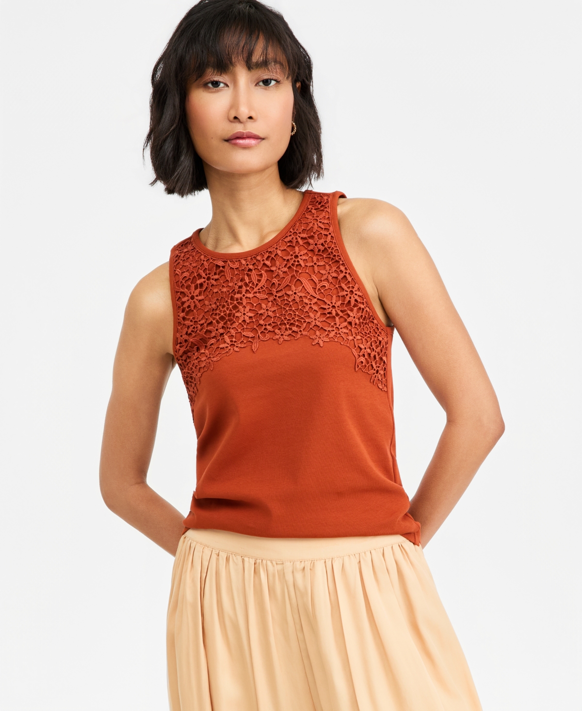 Click here for On 34th Womens High-Neck Sleeveless Lace-Trim Tank... prices