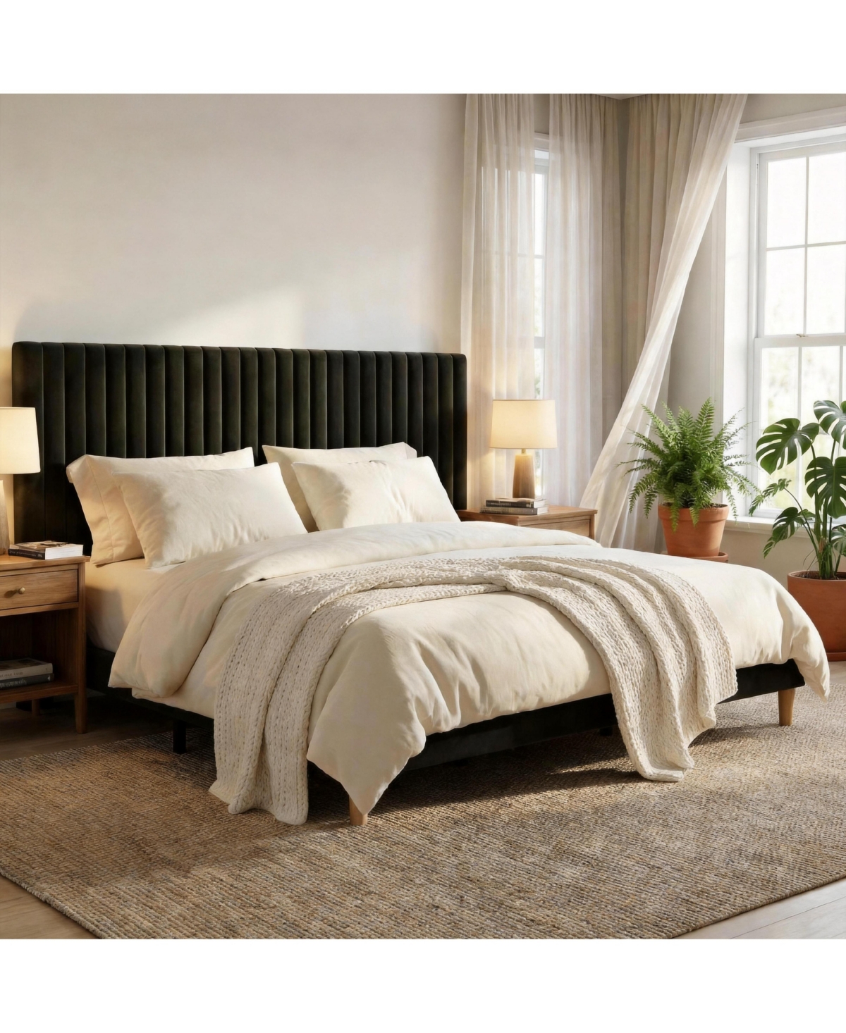 Homfan Velvet Bed Frame  Vertical Channel Tufted Headboard  Height Adjustable  Upholstered Platform Bed  No Box Spring Needed - Black