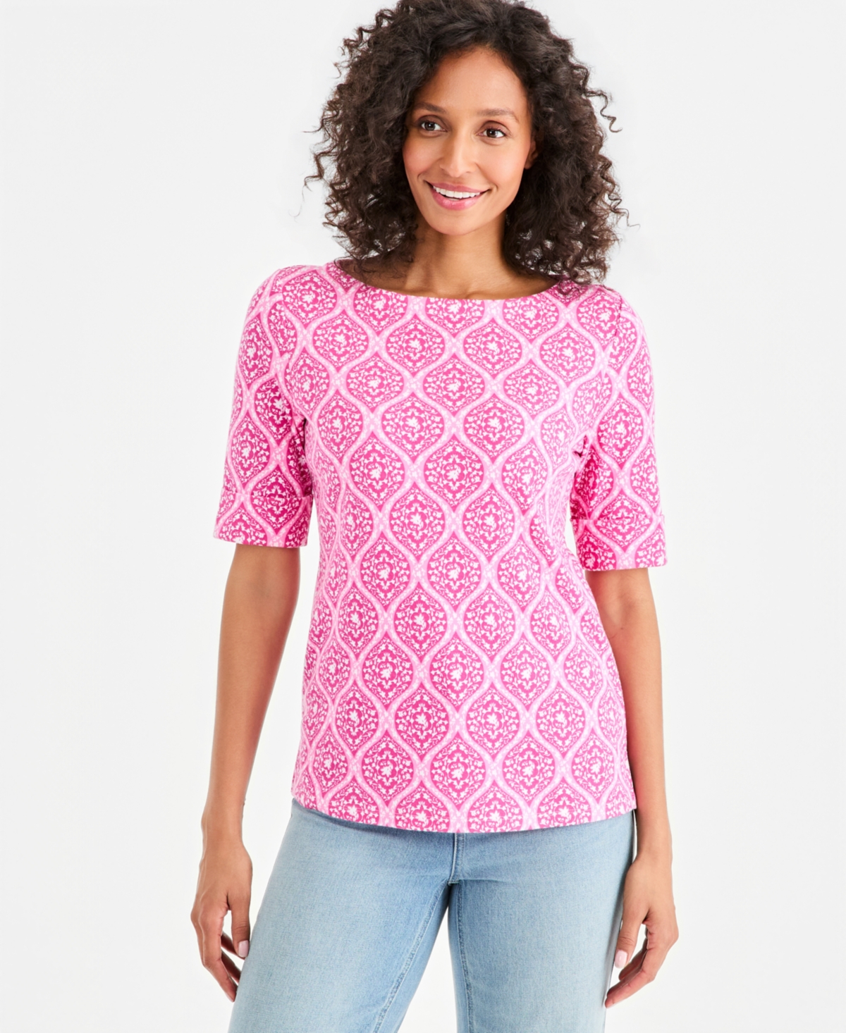 Click here for Style & Co Womens Printed Boat-Neck Elbow-Sleeve T... prices
