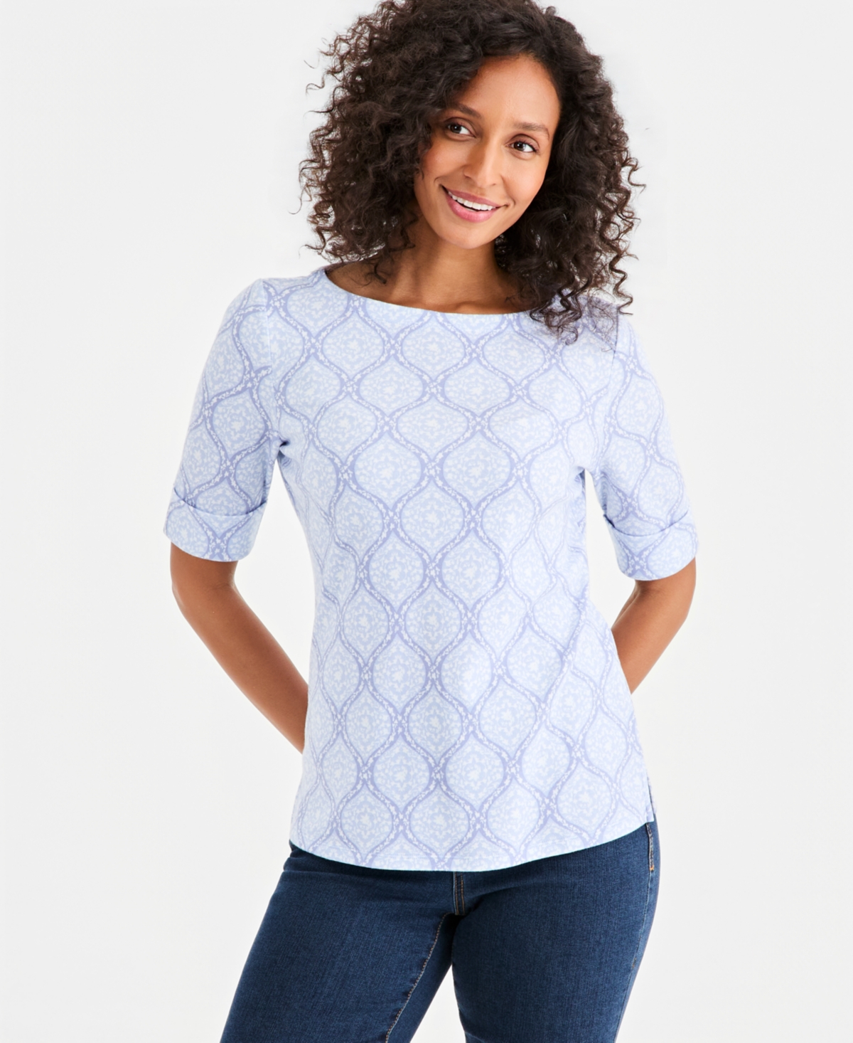 Click here for Style & Co Womens Printed Boat-Neck Elbow-Sleeve T... prices