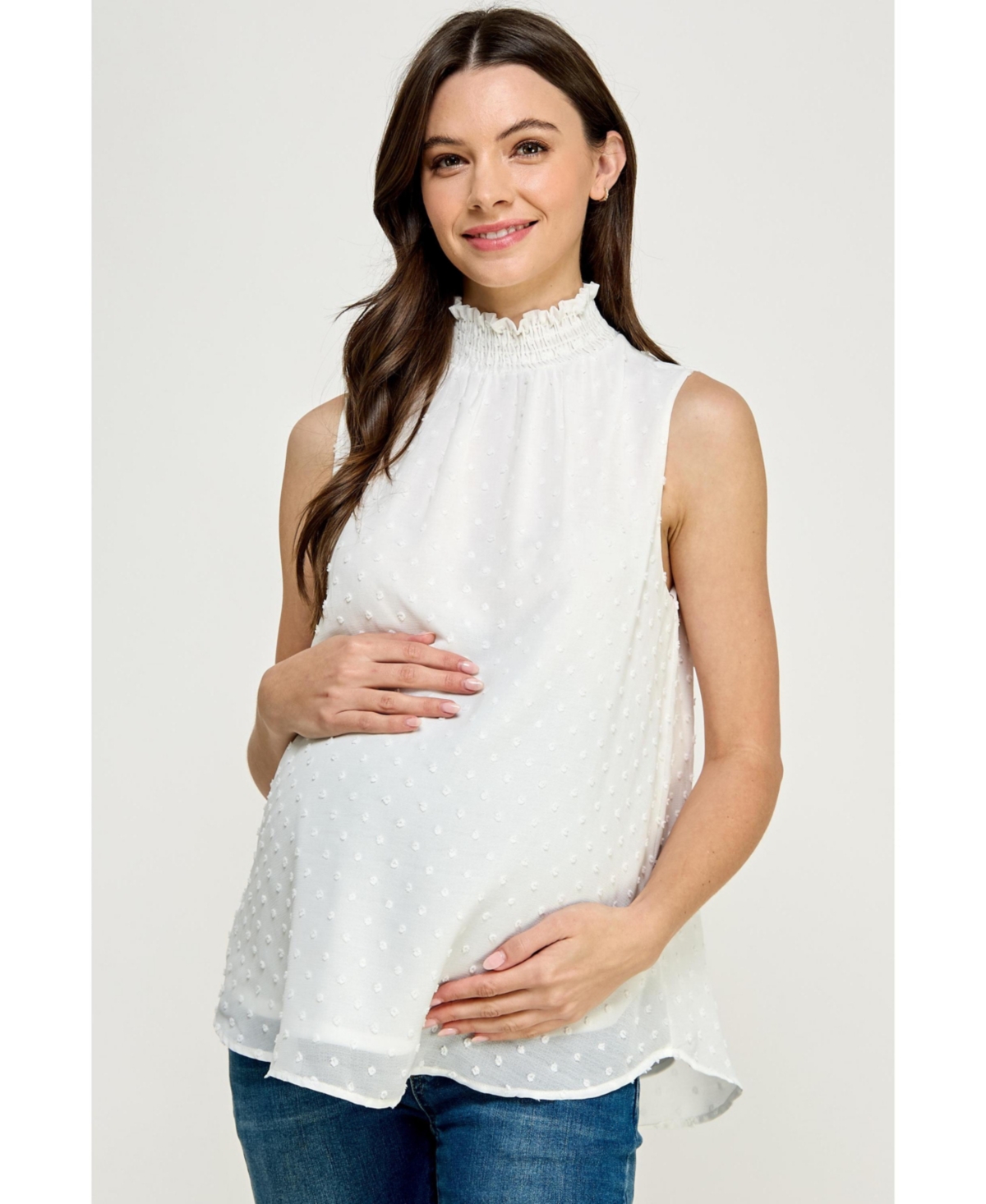 Click here for Hello Miz Maternity Swiss Dot Mock Neck Sleeveless... prices
