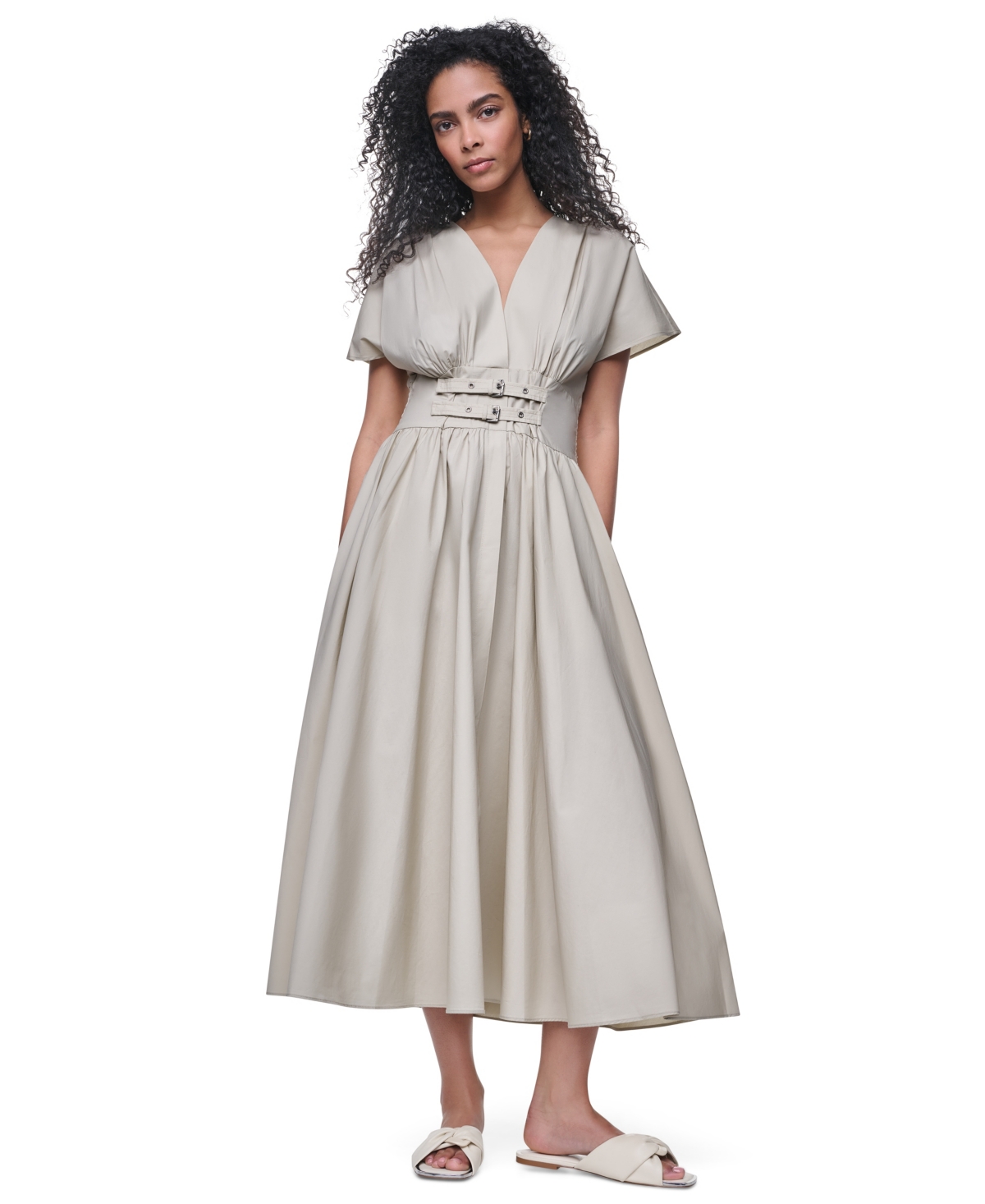 Click here for Dkny Jeans Womens Poplin Smocked-Waist V-Neck Midi... prices