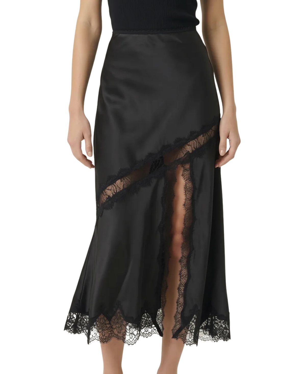 Click here for Modenaire Womens Lace-Trim Asymmetric Satin Midi S... prices