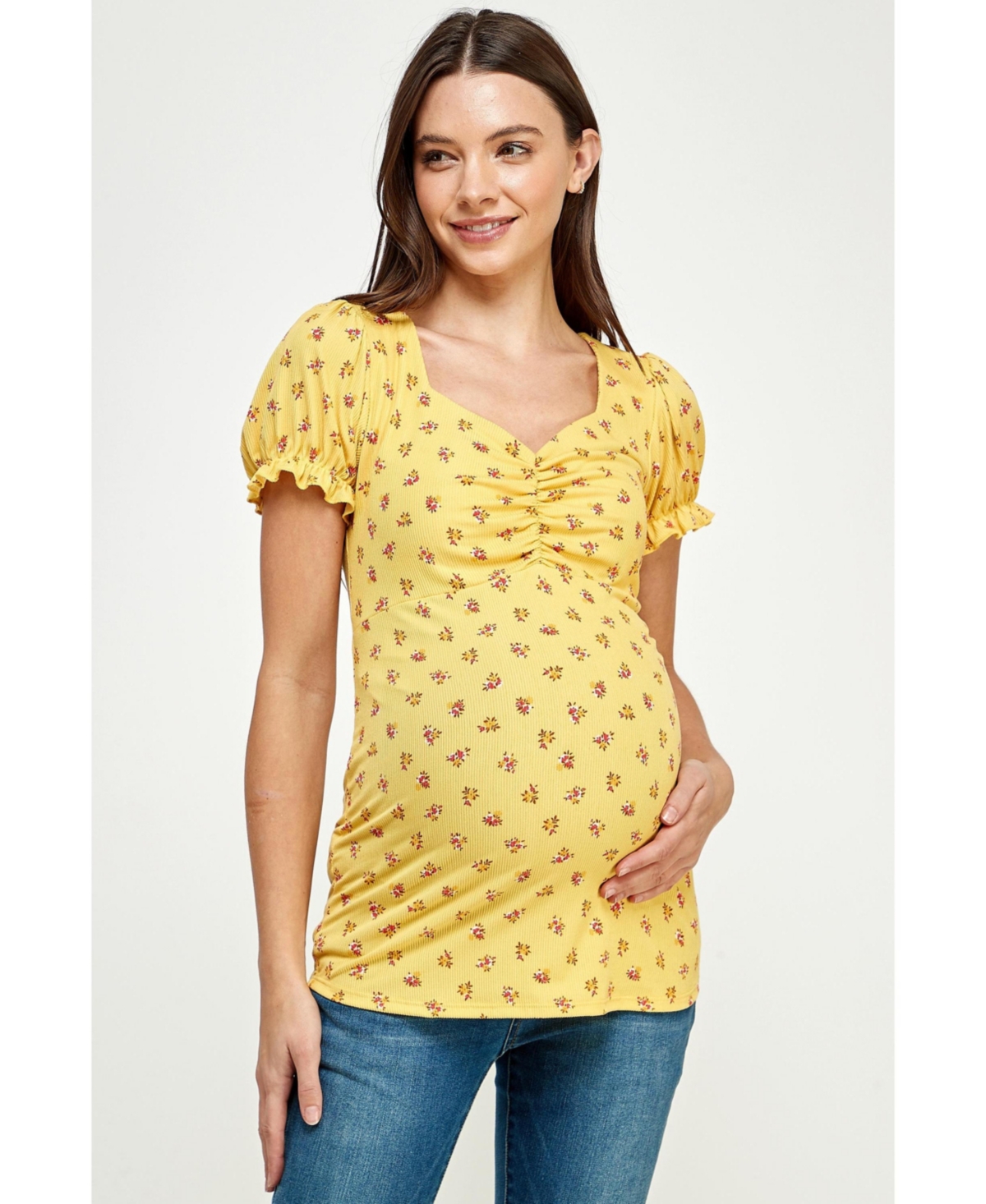 Click here for Hello Miz Maternity Ribbed Floral Ruched Front Puf... prices