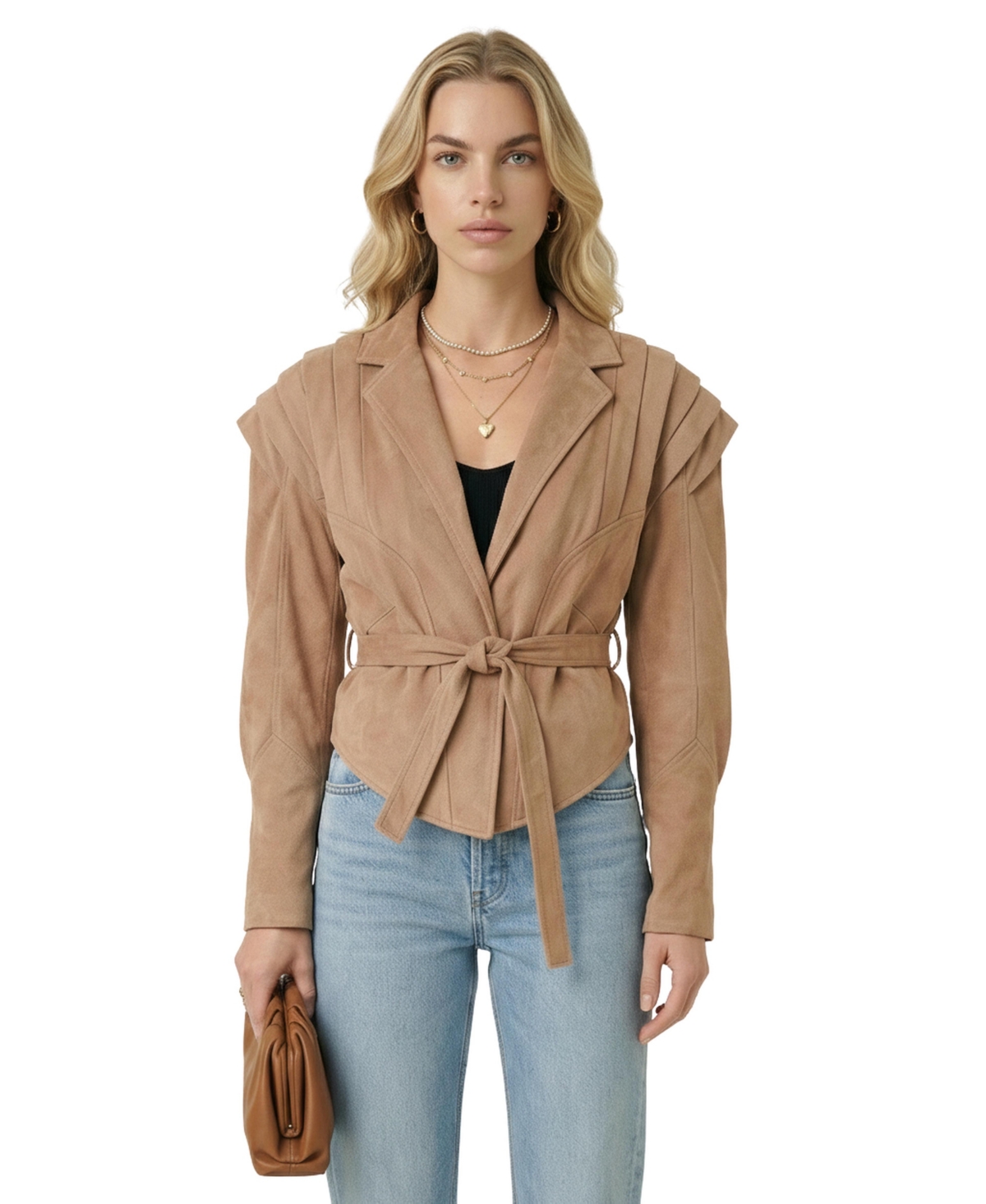 Click here for Modenaire Womens Structured Belted Jacket - Camel prices