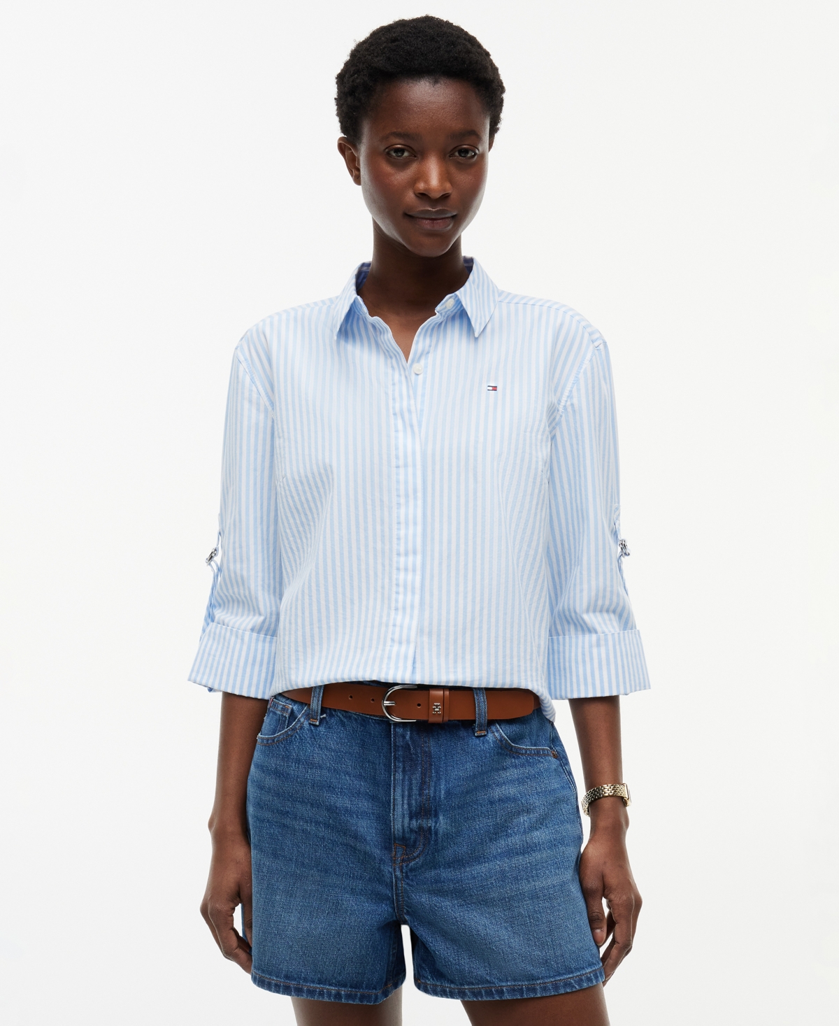 Click here for Tommy Hilfiger Womens Cropped Collared Roll-Tab Co... prices