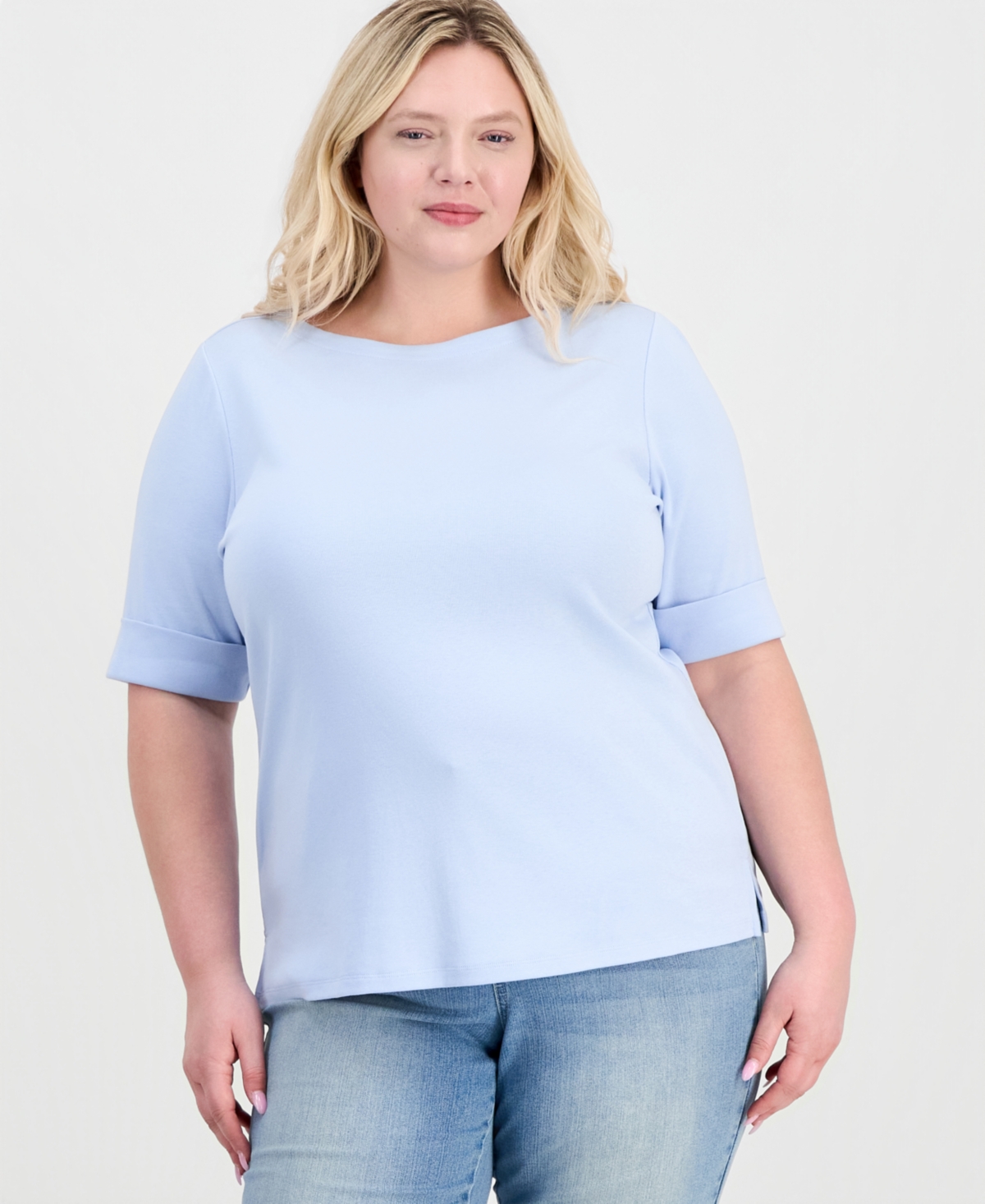 Click here for Style & Co Womens Boat-Neck Elbow Sleeve Cotton To... prices