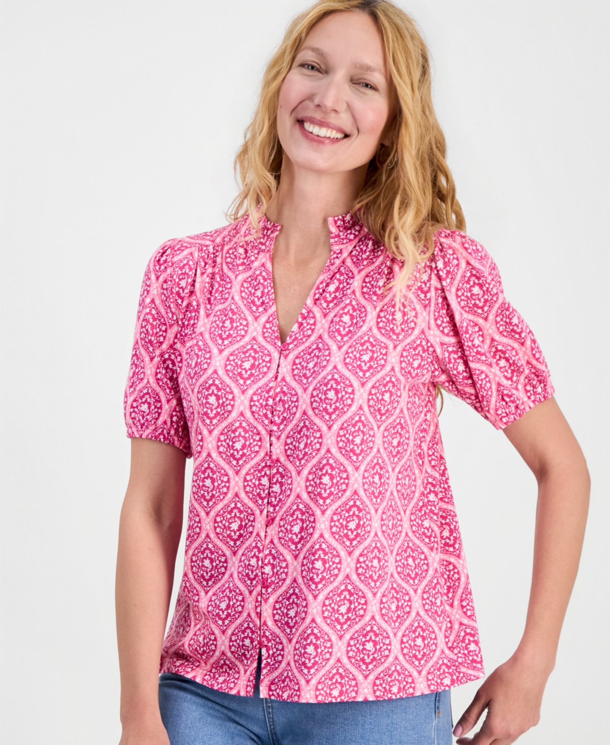 Click here for Style & Co Womens Printed Split-Neck Knit Top  Mac... prices