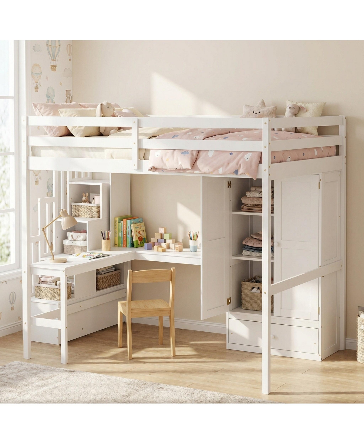 Click here for Sailvan Loft Wood Bed with Desk  Bookshelves and W... prices