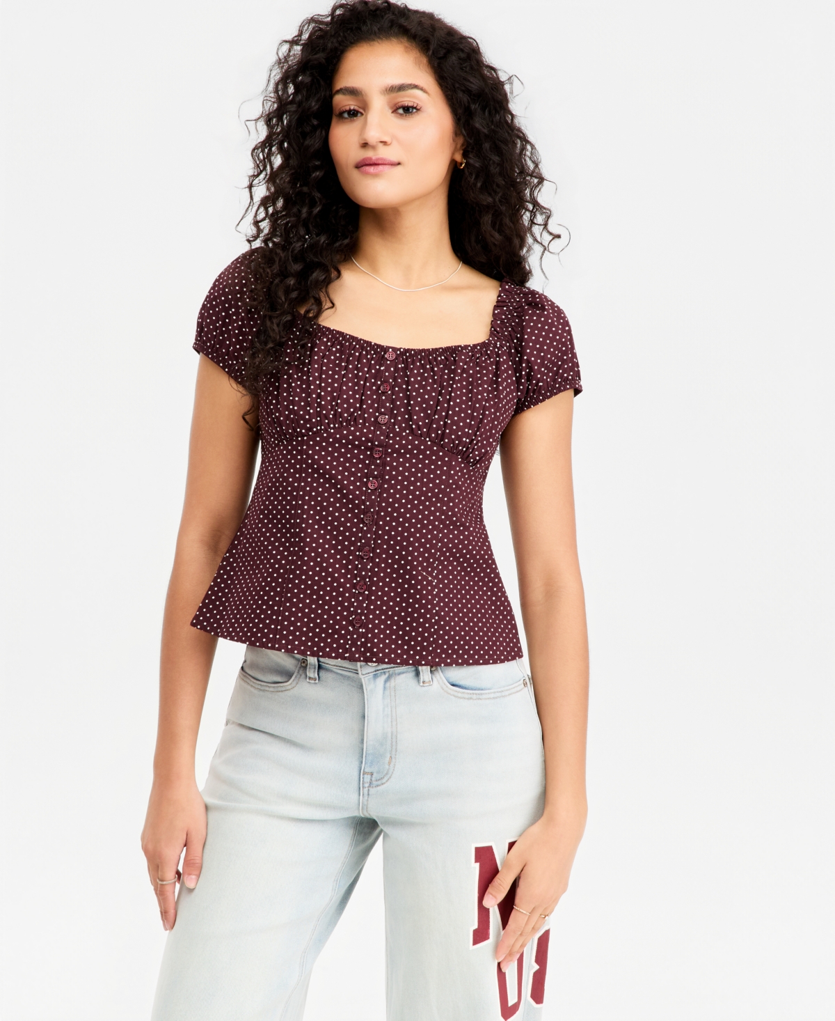 Click here for Just Polly Juniors Cotton Cap-Sleeve Top - Burgund... prices