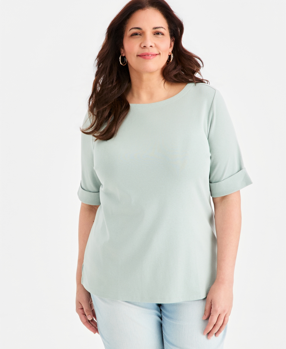 Click here for Style & Co Womens Boat-Neck Elbow Sleeve Cotton To... prices