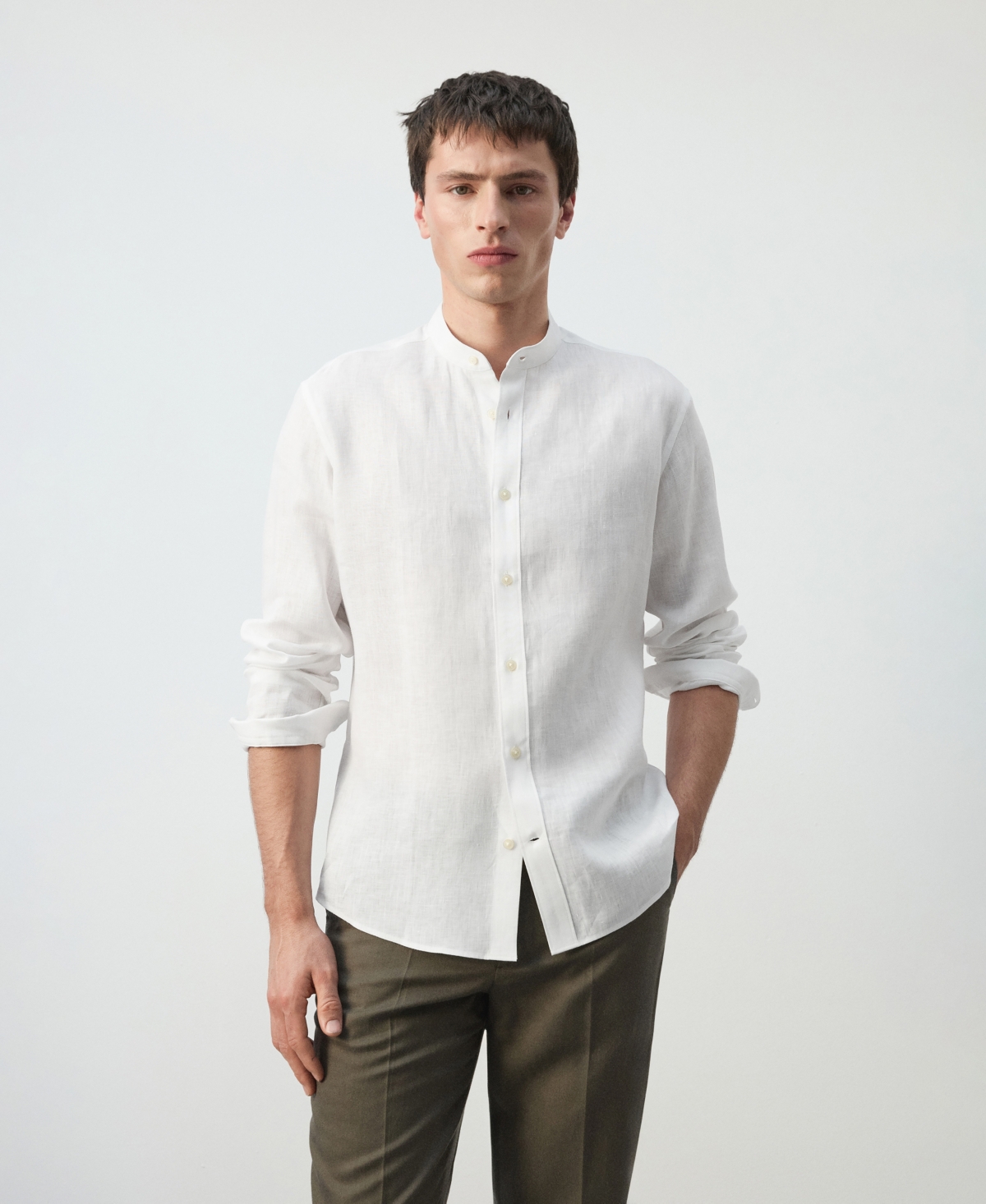 Click here for Mango Mens Mao Collar Shirt - White prices