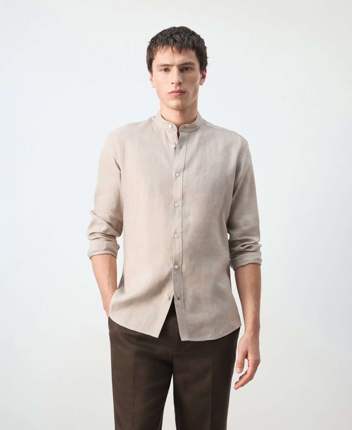 Click here for Mango Mens Mao Collar Shirt - Sand prices
