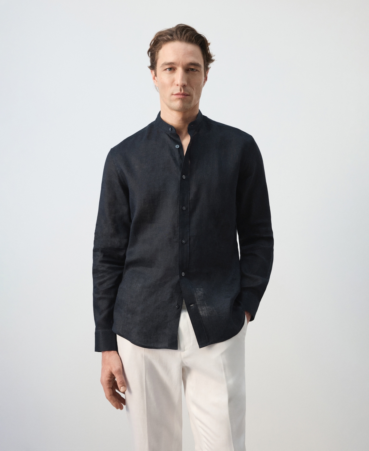 Click here for Mango Mens Mao Collar Shirt - Navy prices