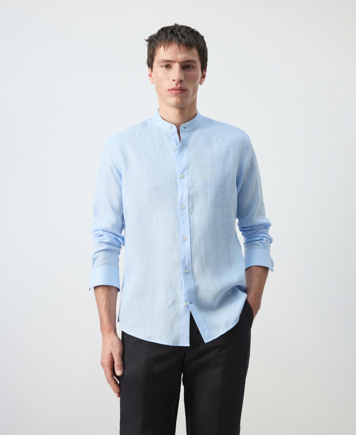 Click here for Mango Mens Mao Collar Shirt - Sky Blue prices