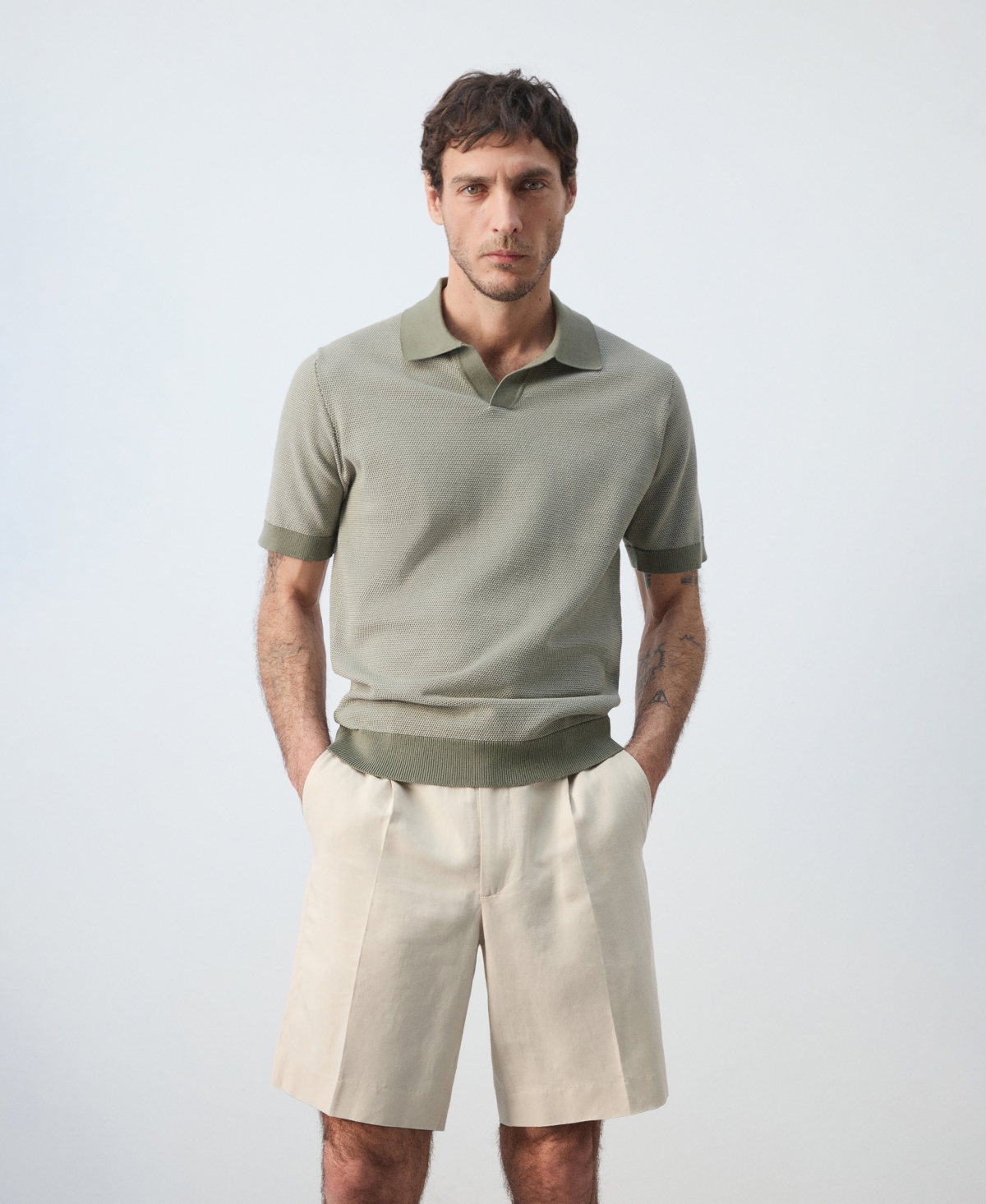 Click here for Mango Mens Combined Knit Polo Shirt - Forest Green prices