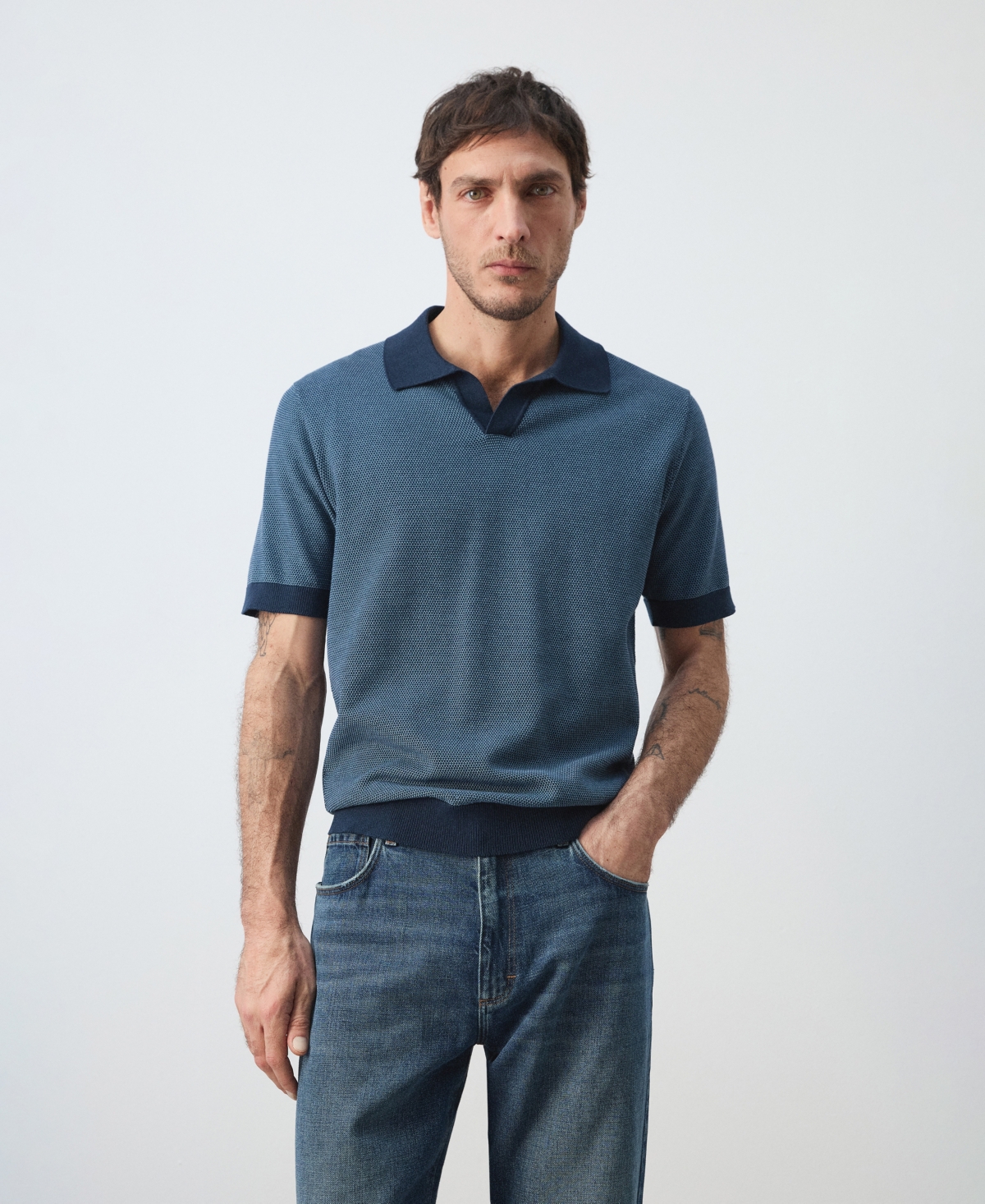 Click here for Mango Mens Combined Knit Polo Shirt - Navy prices