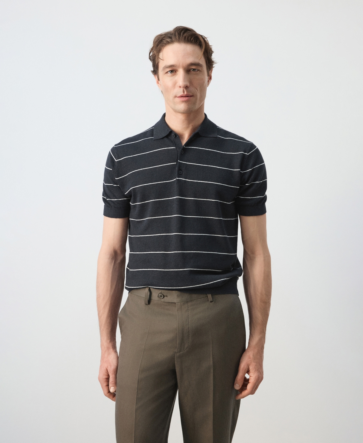 Click here for Mango Mens Striped Linen-Blend Polo Shirt - Navy prices