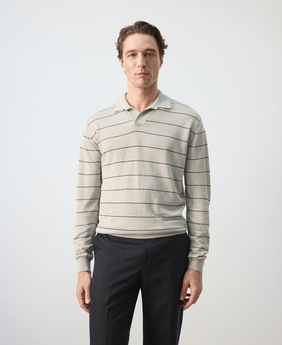Click here for Mango Mens Striped Linen-Blend Polo Sweater - Beig... prices