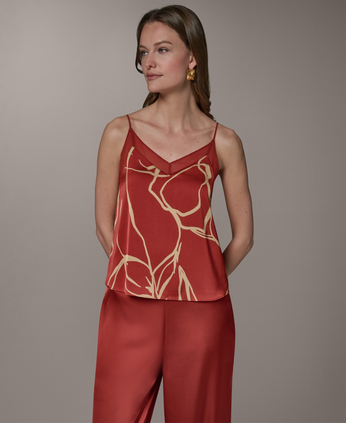 Click here for Donna Karan New York Womens Printed V-Neck Lace Tr... prices